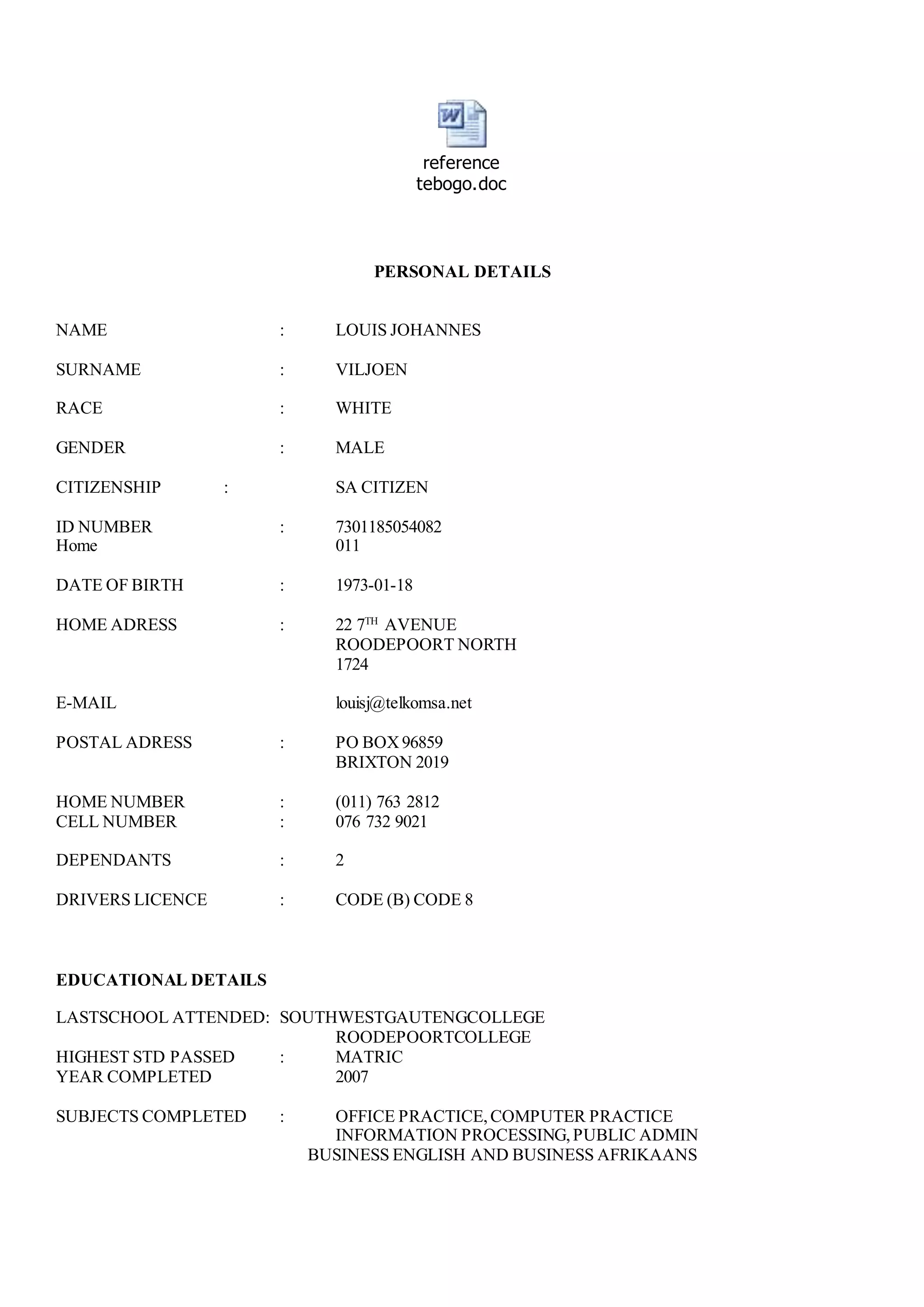 CURRICULUM VITAE OF LOUIS JOHANNES VILJOEN new | DOCX