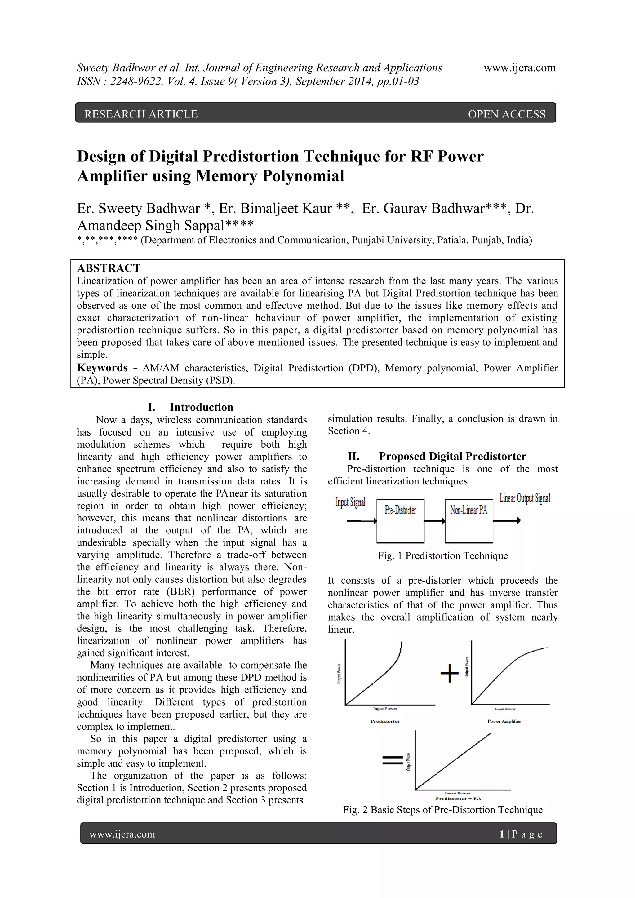 Design of Digital Predistortion Technique for RF Power Amplifier using Memory Polynomial | PDF