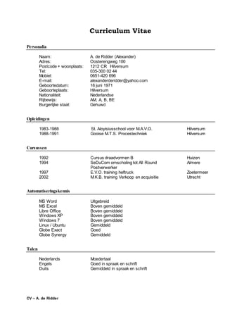 Curriculum Vitea A. de Ridder 02-02-2016 rev4 | PDF