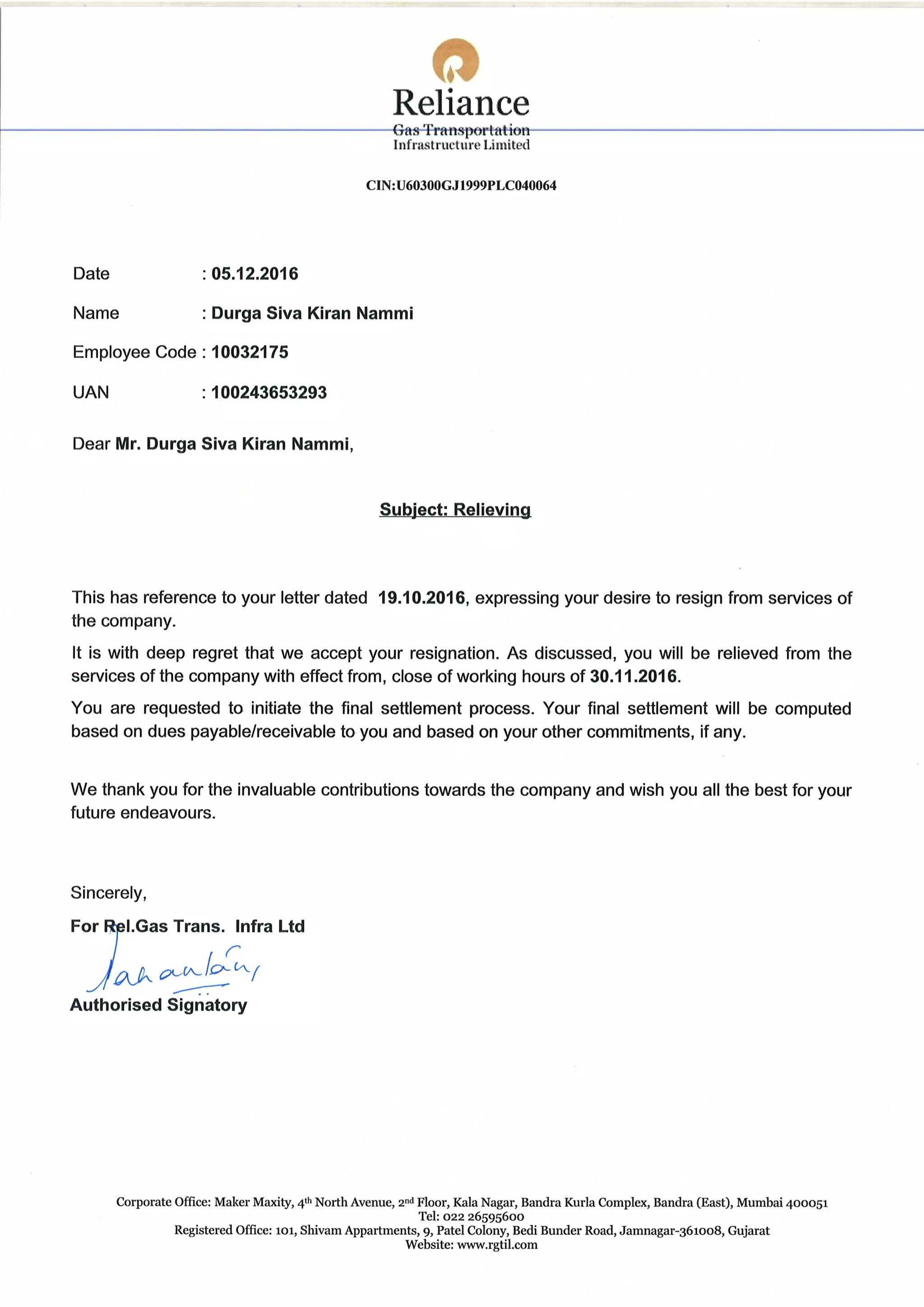 RIL Relieving&Service certificates | PDF