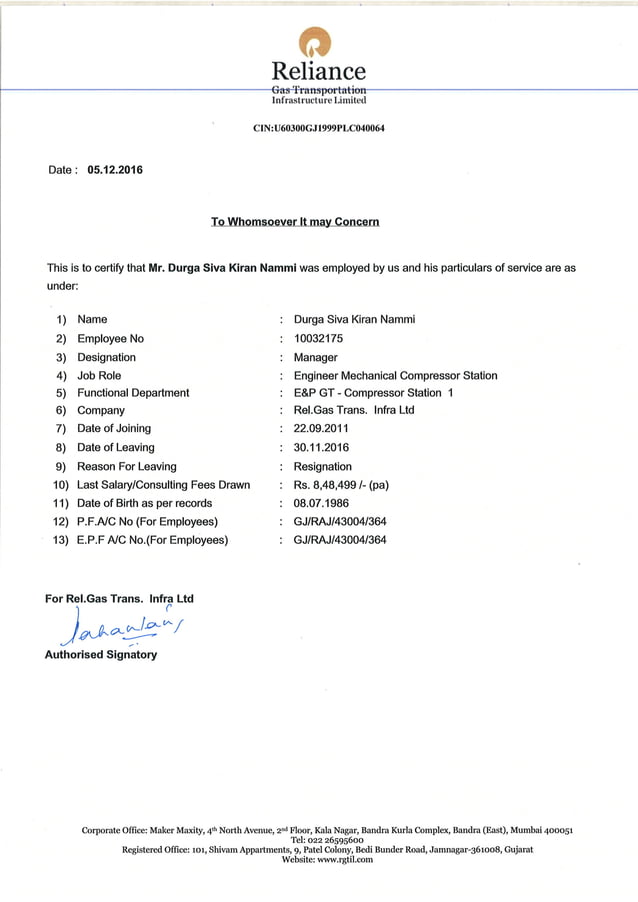 RIL Relieving&Service certificates | PDF