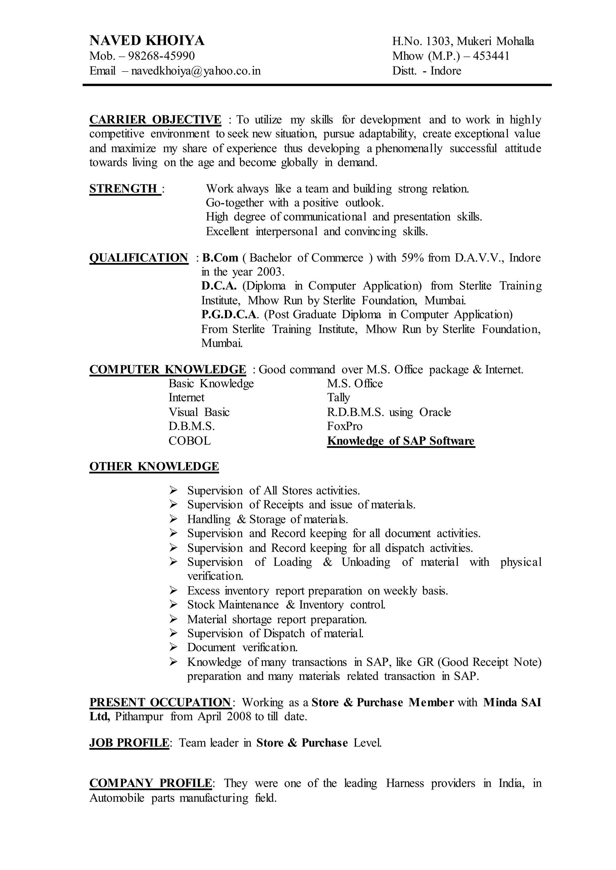 Resume for Purchase & Store | DOCX