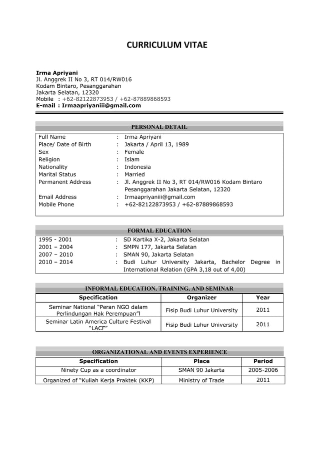 Curriculum Vitae Irma Apriyani | PDF