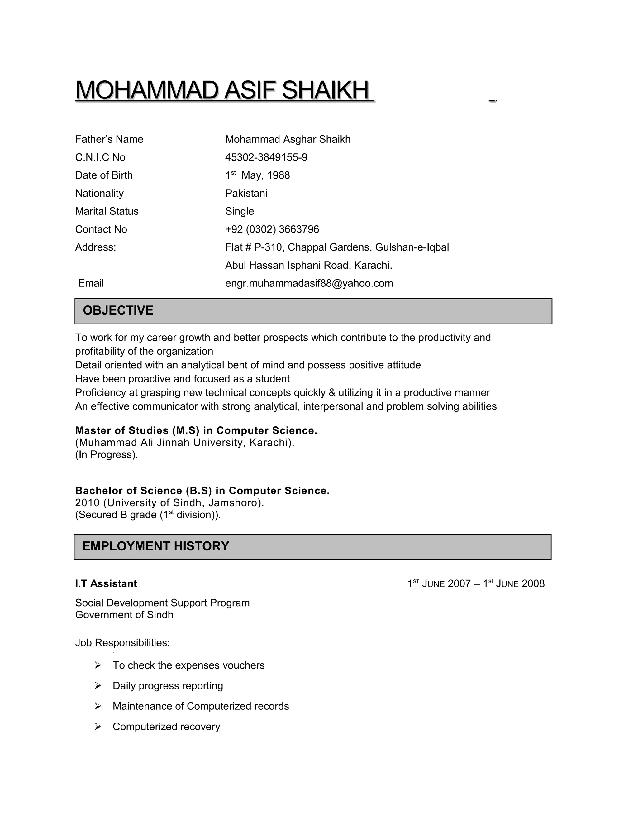 Mohd Asif New CV | DOC | IT and Internet Support | Internet