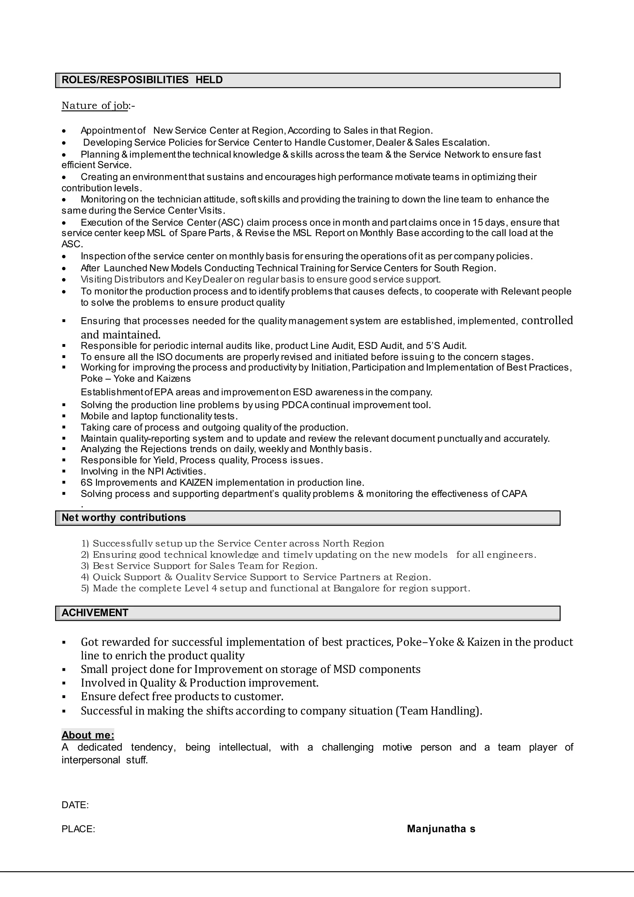 Resume Manjunatha area service incharge 5 years exp | DOCX
