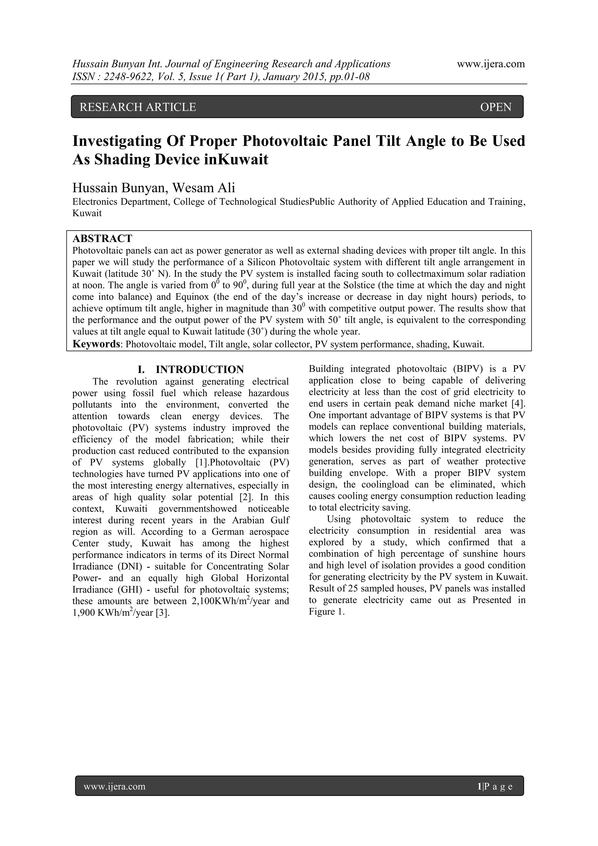 Investigating Of Proper Photovoltaic Panel Tilt Angle to Be Used As ...