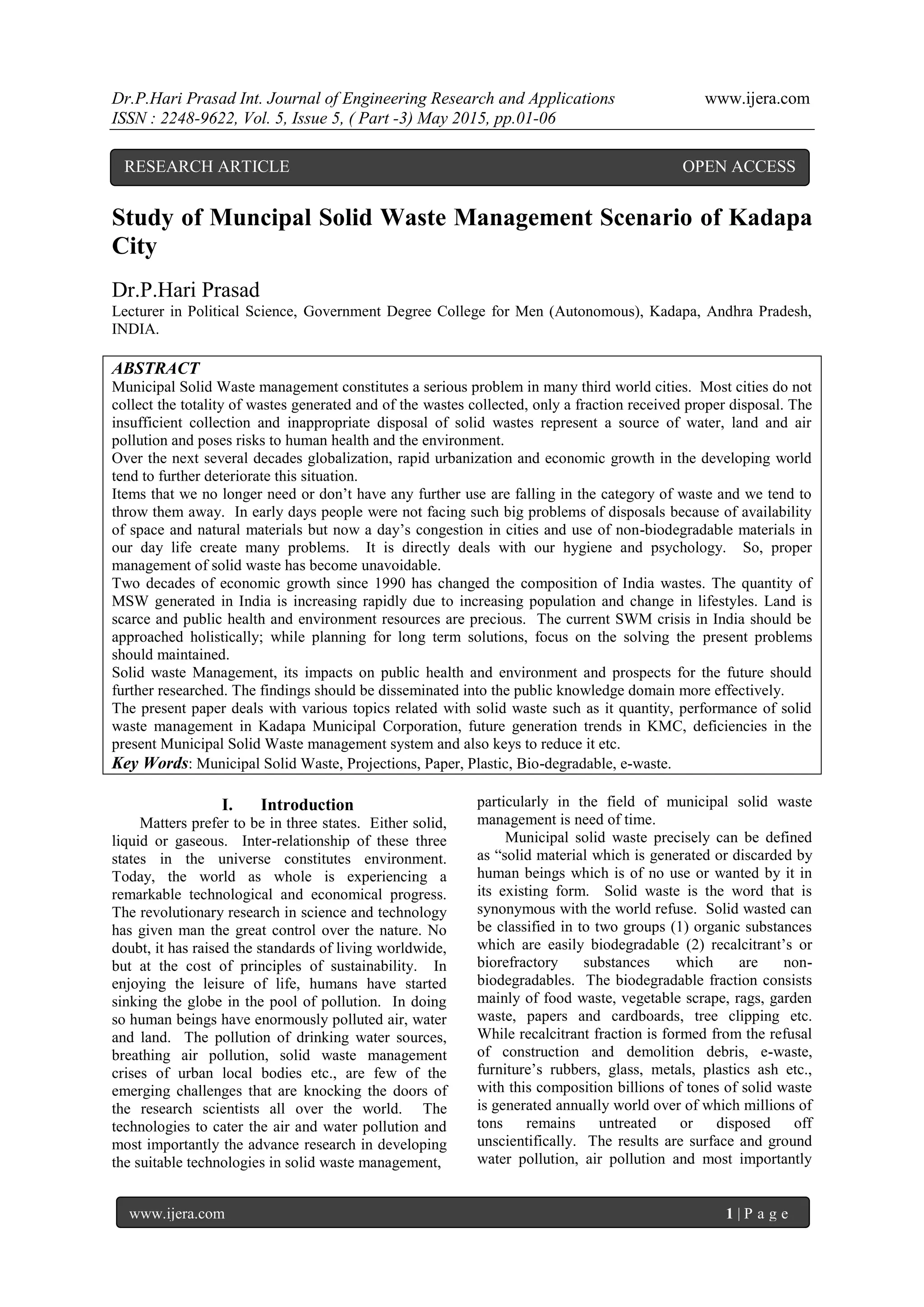 Study of Muncipal Solid Waste Management Scenario of Kadapa City | PDF