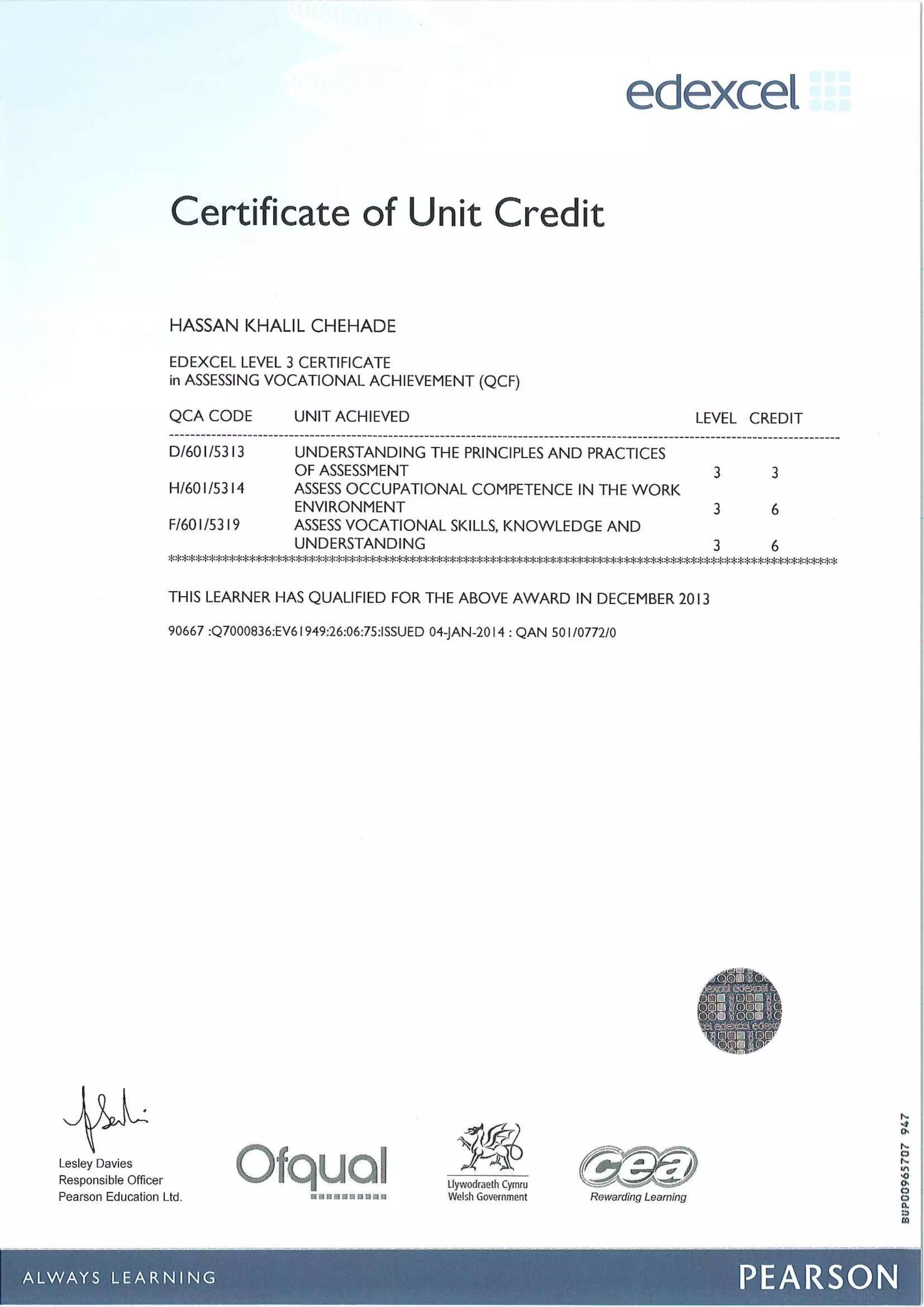Hassan QCF Level 3 Certificate | PDF