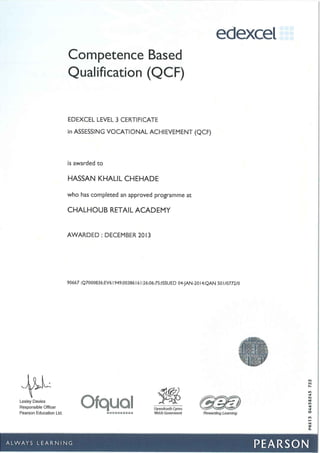 Hassan QCF Level 3 Certificate | PDF