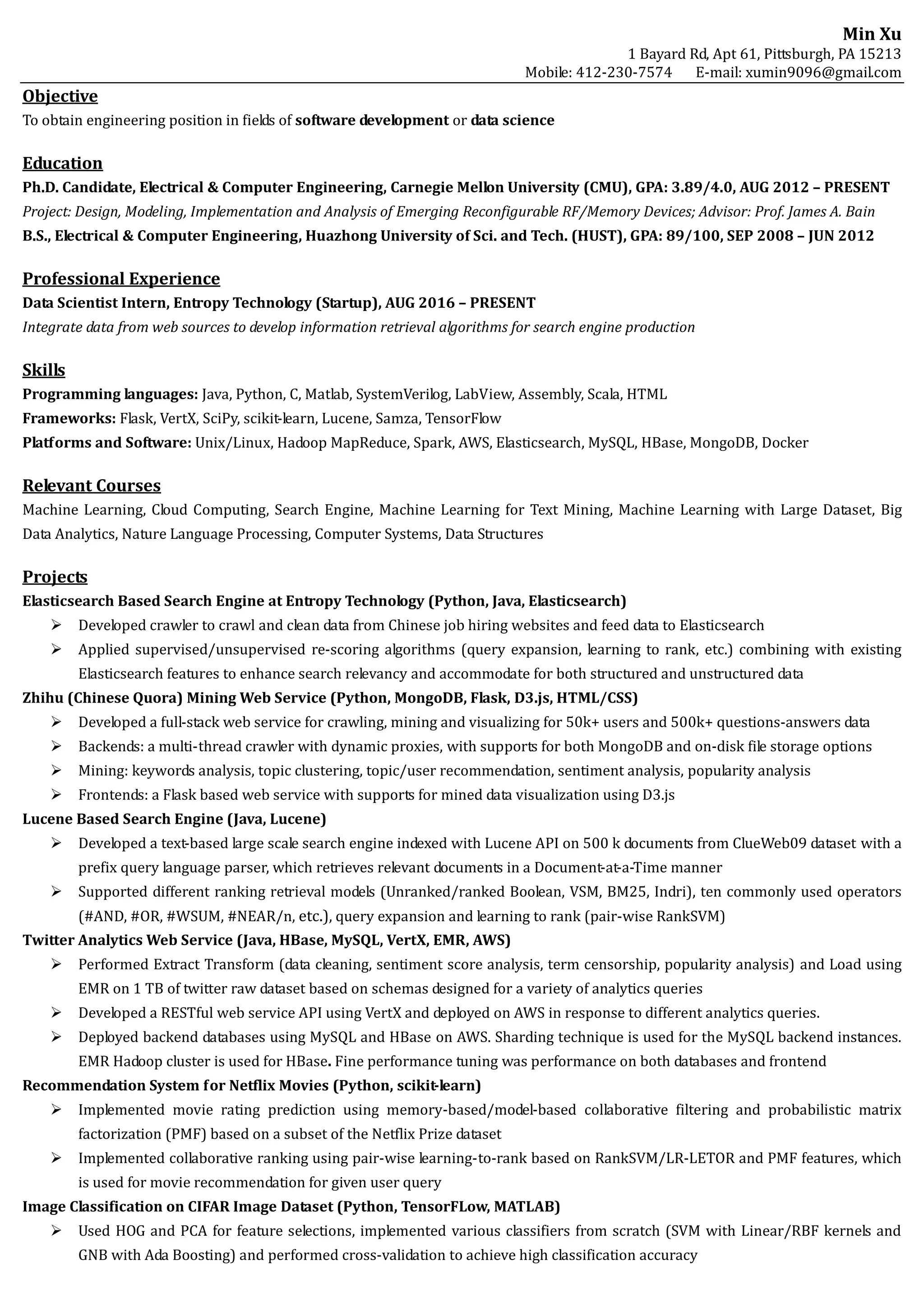 Resume of Min Xu | PDF