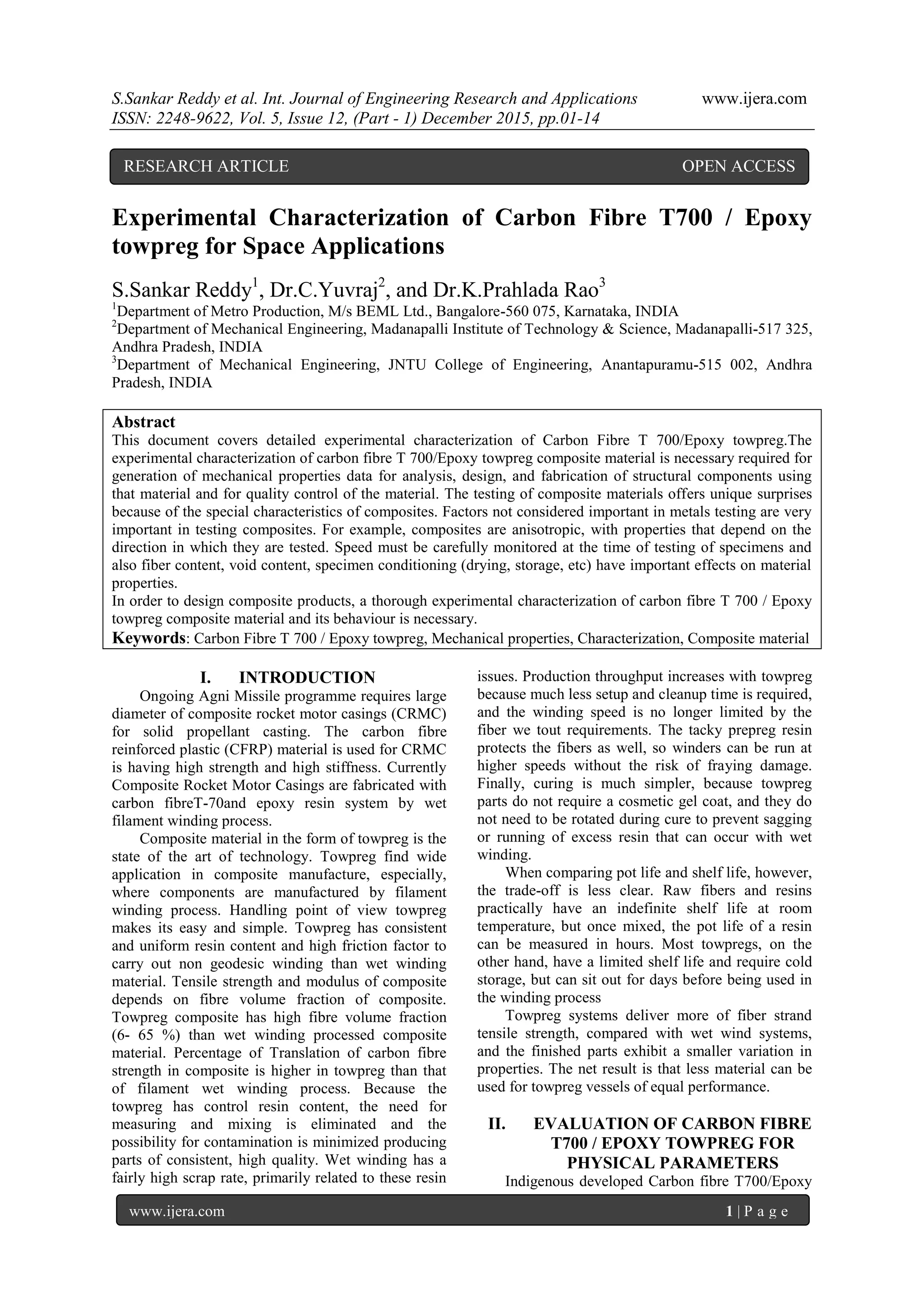Experimental Characterization of Carbon Fibre T700 / Epoxy towpreg for ...