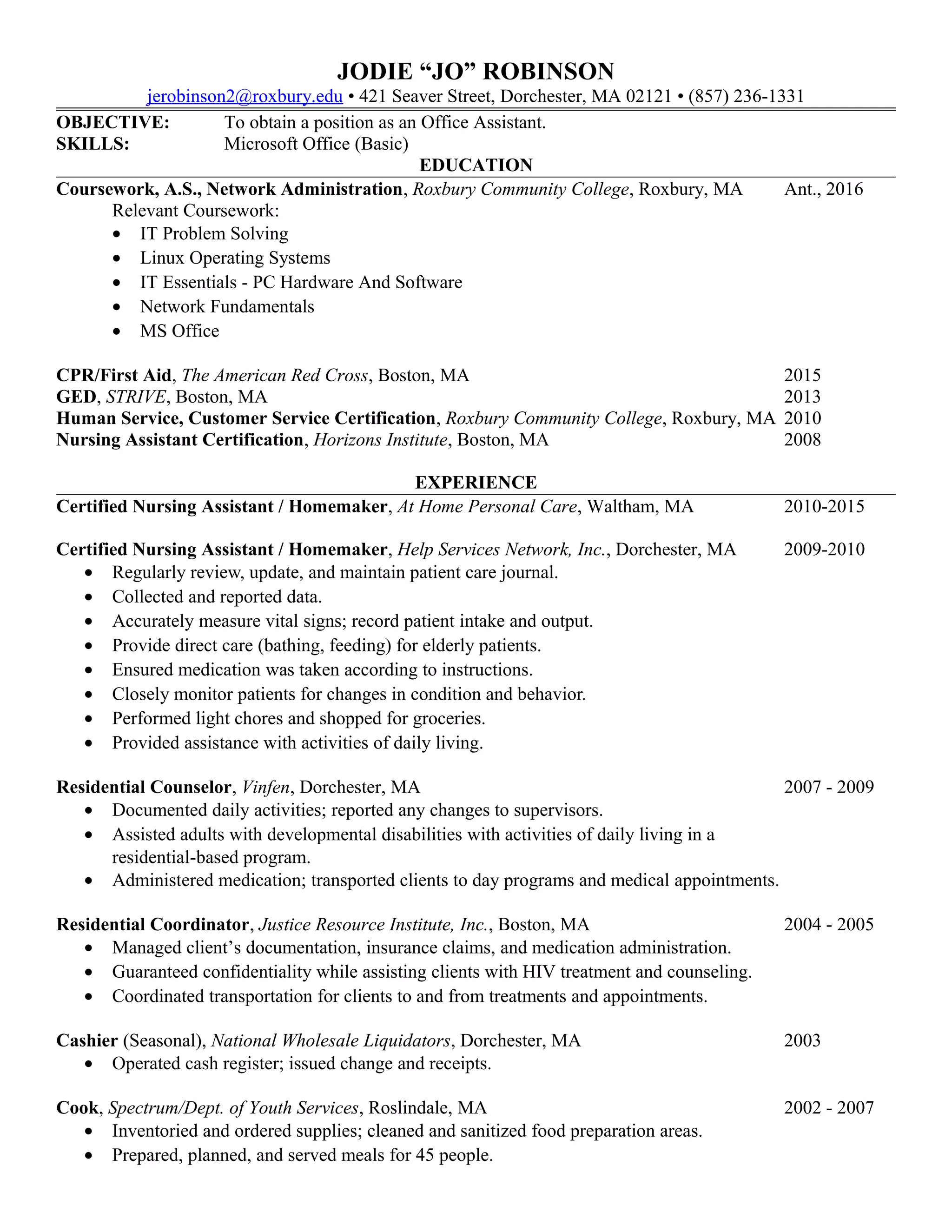 Jodie Robinson RESUME_Office Assistant | DOC
