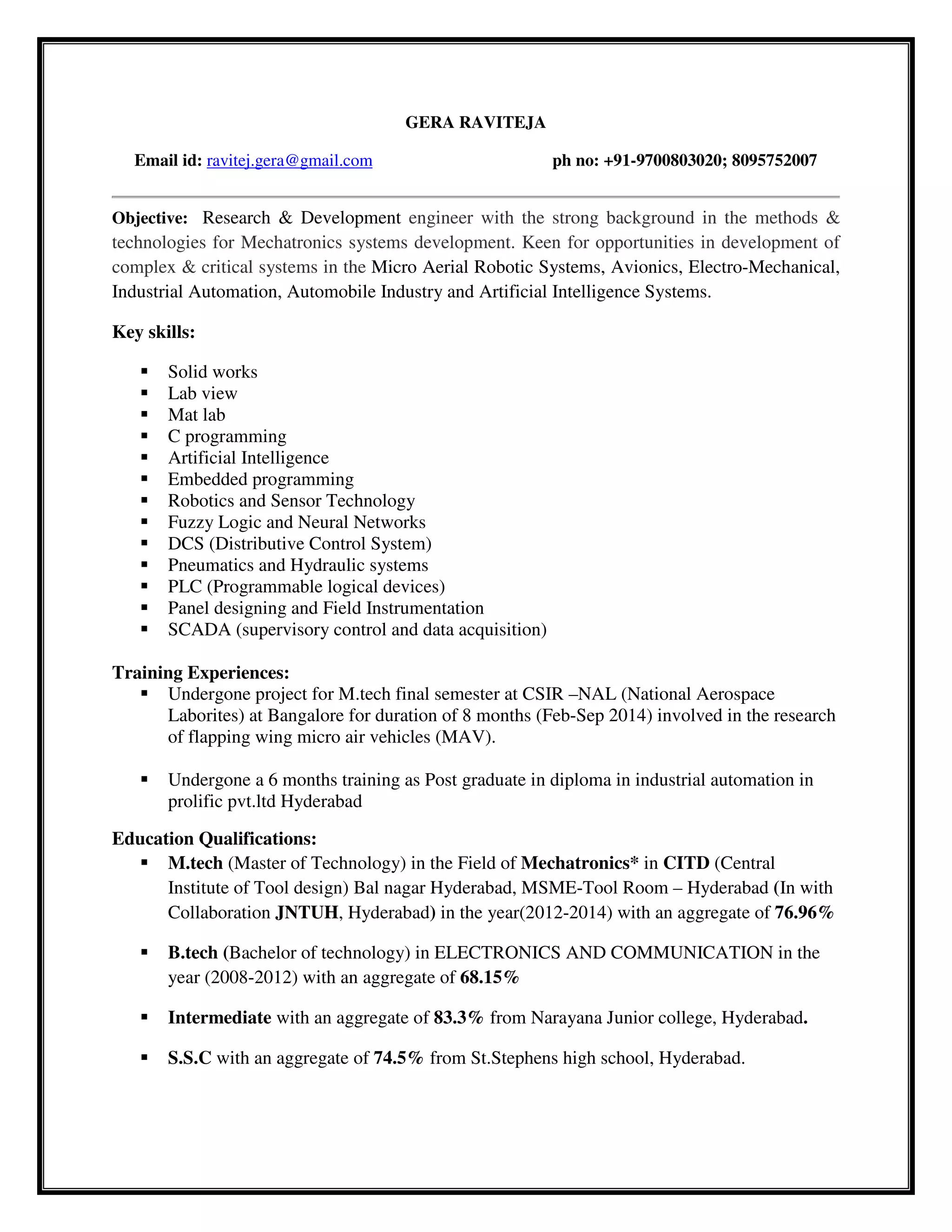 Raviteja Resume (3) | PDF | Robotics | Technology & Computing