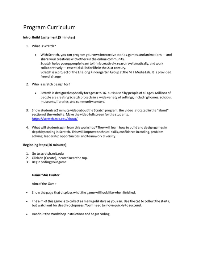 Program Curriculum Code game in Scratch Star Hunter | DOCX