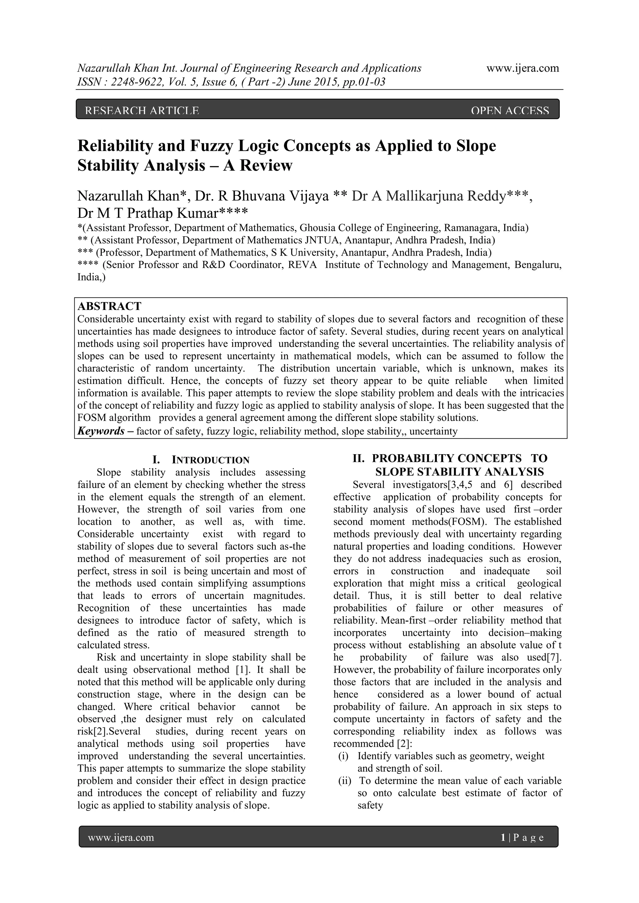 Reliability and Fuzzy Logic Concepts as Applied to Slope Stability Analysis – A Review | PDF