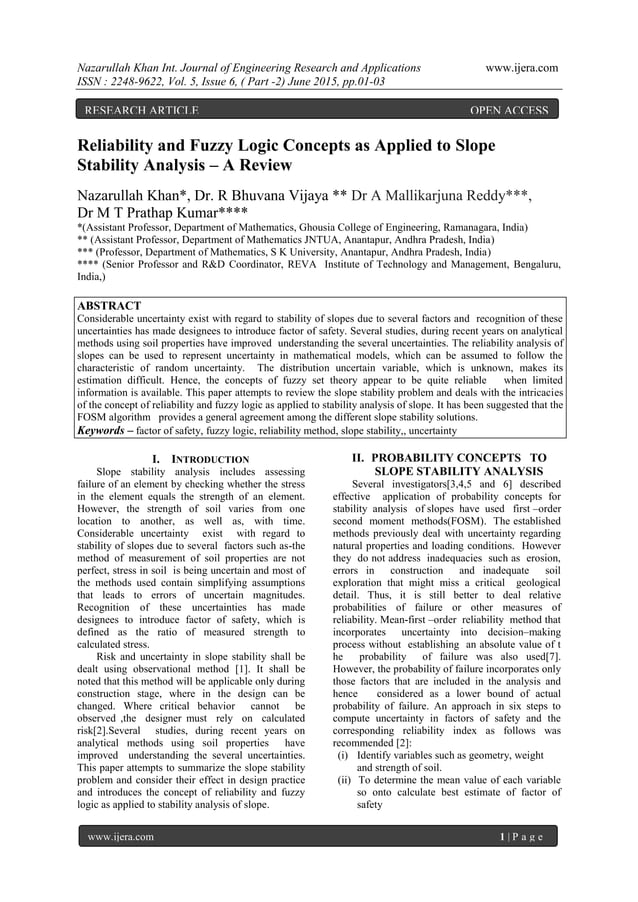 Reliability and Fuzzy Logic Concepts as Applied to Slope Stability Analysis – A Review | PDF