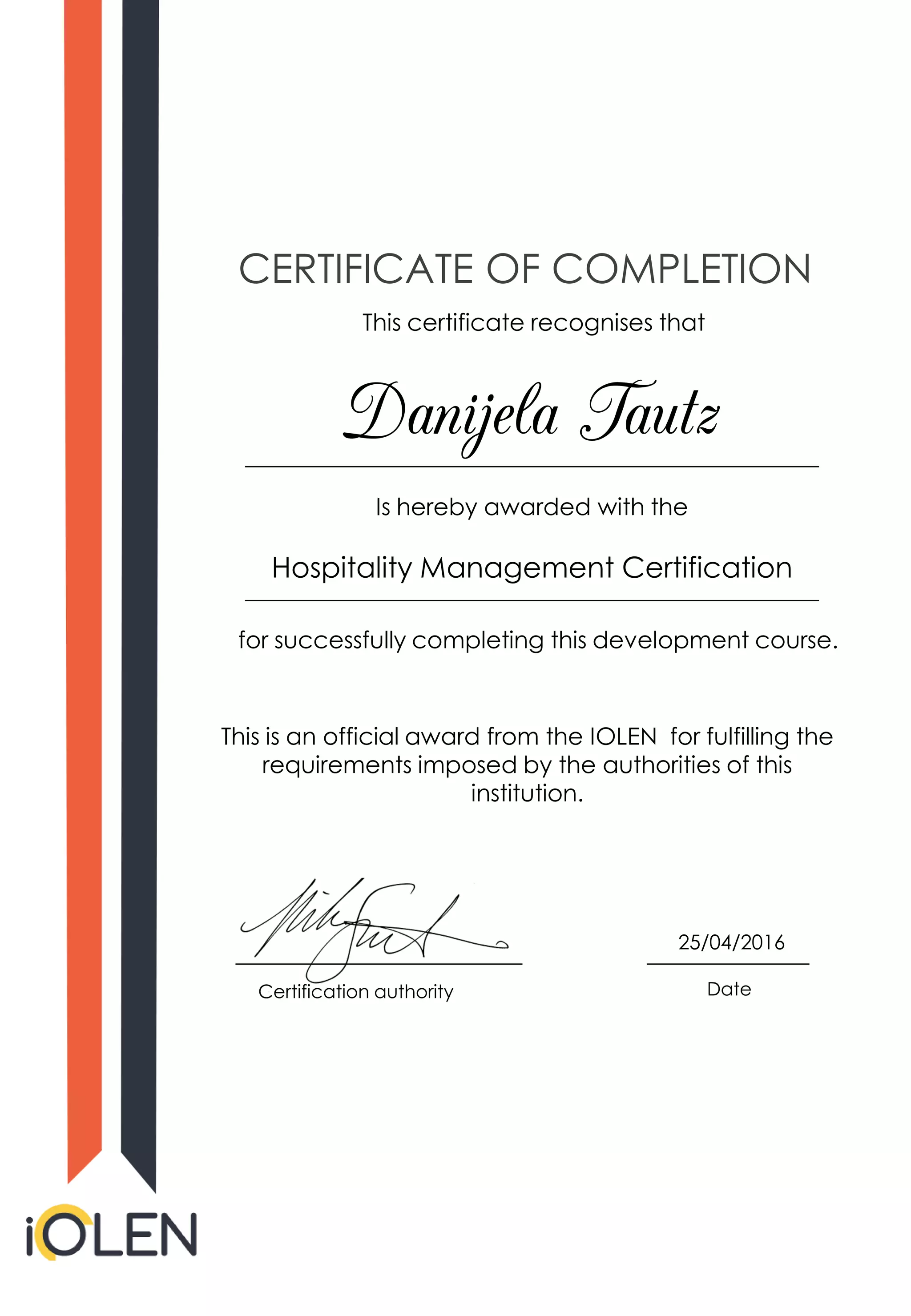 Danijela Tautz - Hospitality Management Certification | PDF