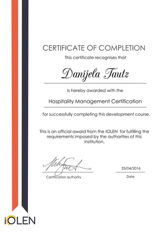 Danijela Tautz - Hospitality Management Certification | PDF