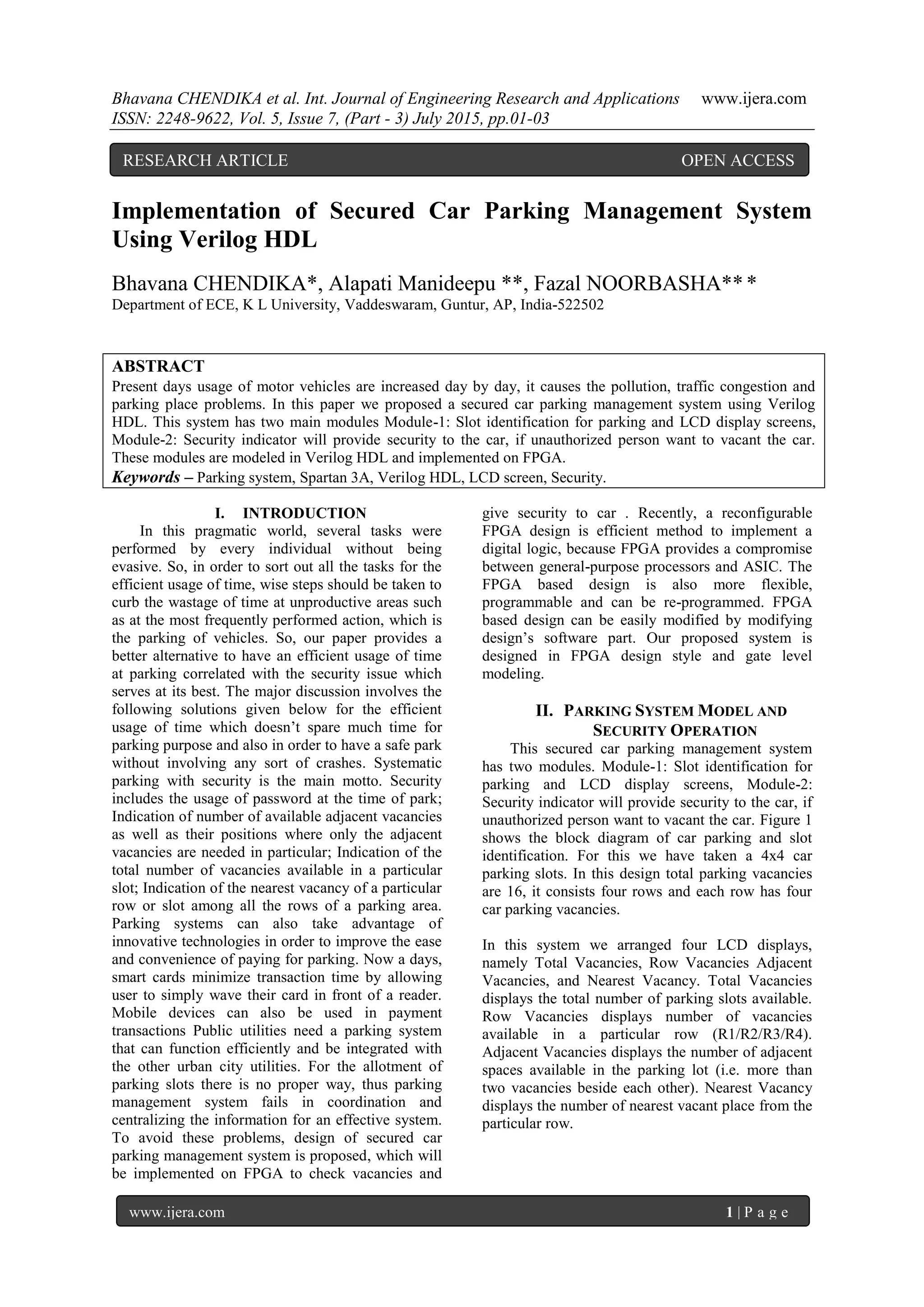 Implementation of Secured Car Parking Management System Using Verilog HDL | PDF