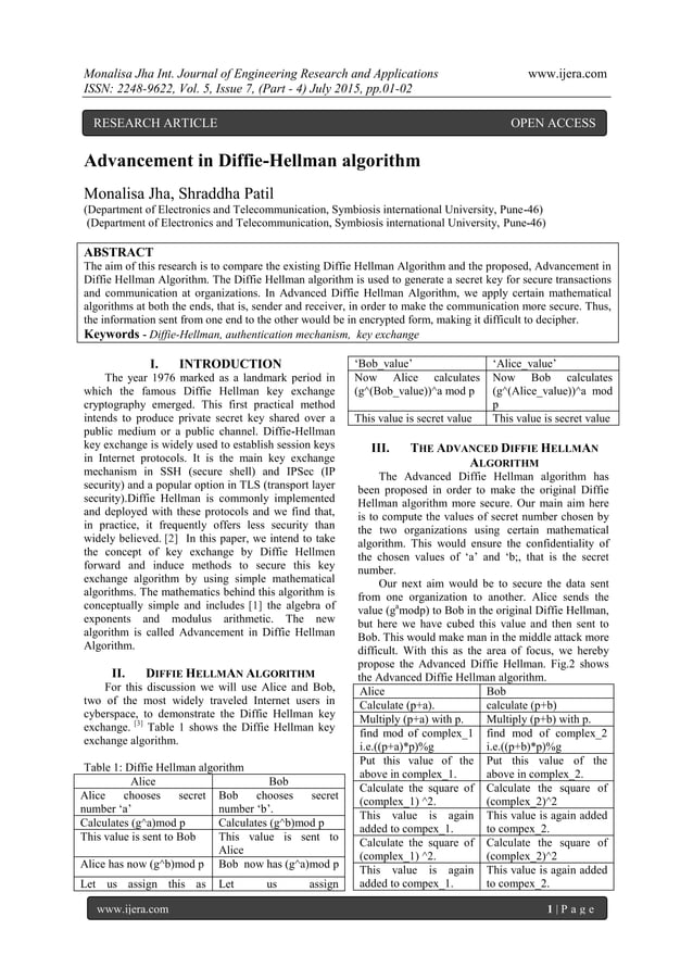 Advancement in Diffie-Hellman algorithm | PDF