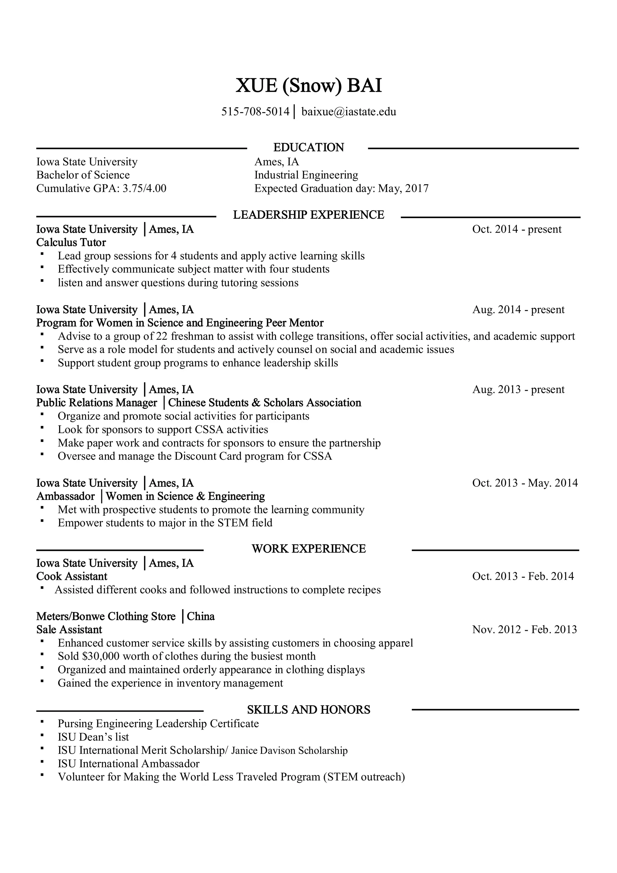 XUE BAI's Resume(revised) | PDF | Education industry | Industries