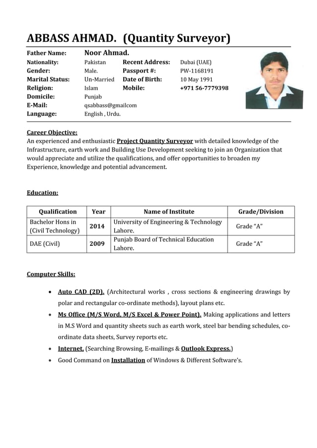 CV Abbass QS | PDF | Civil Engineering Industry | Industries