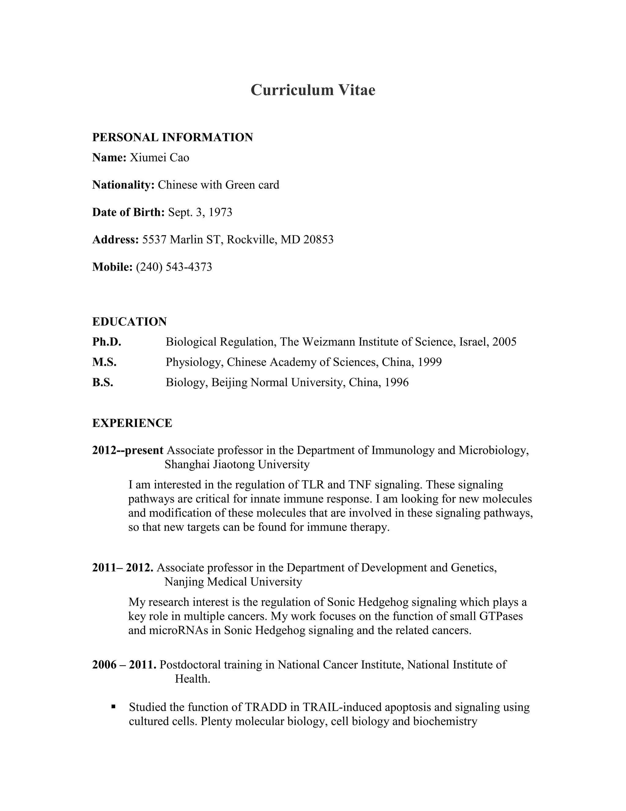 Xiumei Cao's CV2015 | PDF