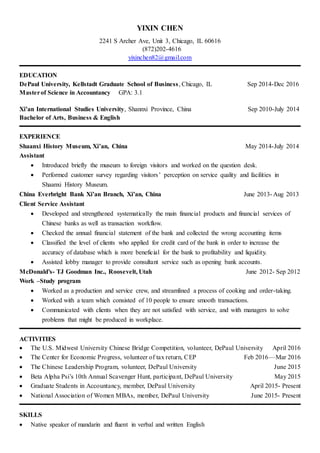 Yixin Chen's resume english version | DOCX