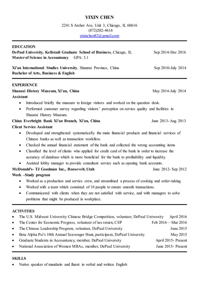 Yixin Chen's resume english version | DOCX