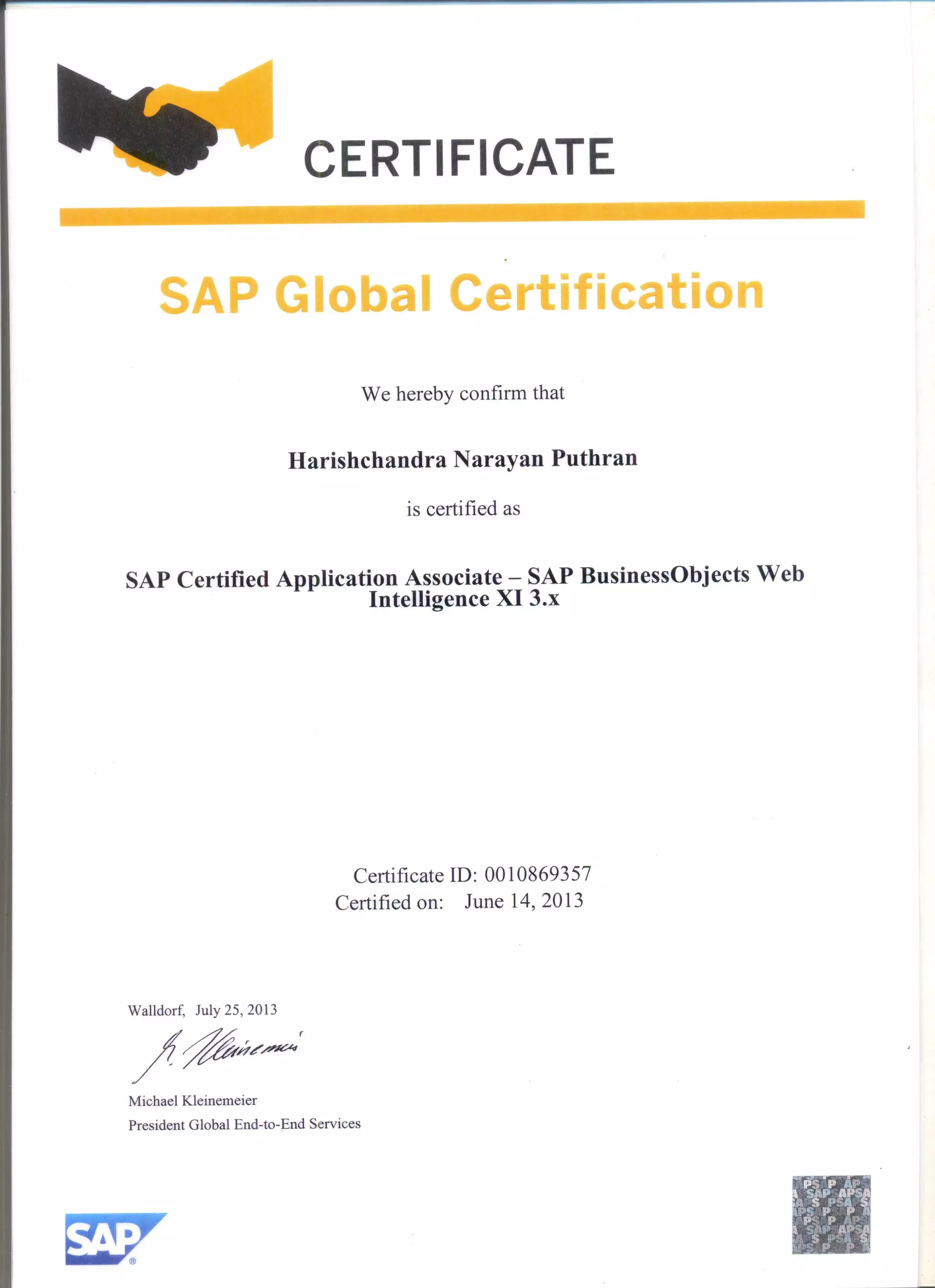 SAP Certification Certificate | PDF