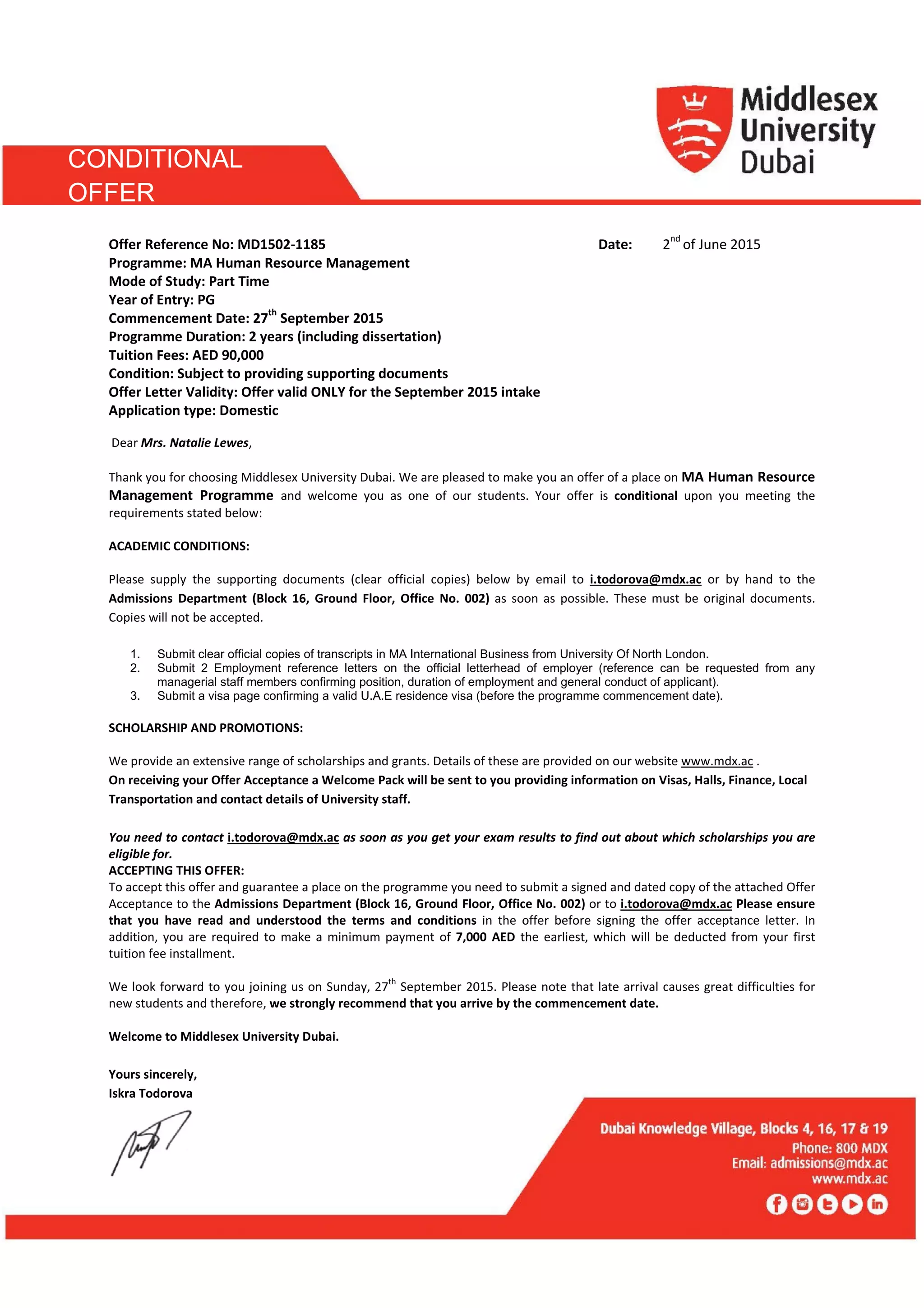 Conditional Offer Middlesex Uni 2015 NL | PDF