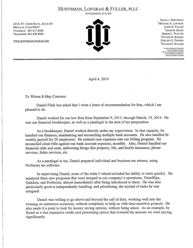 Recommendation Letter Huntsman, Lofgran & Fuller | PDF