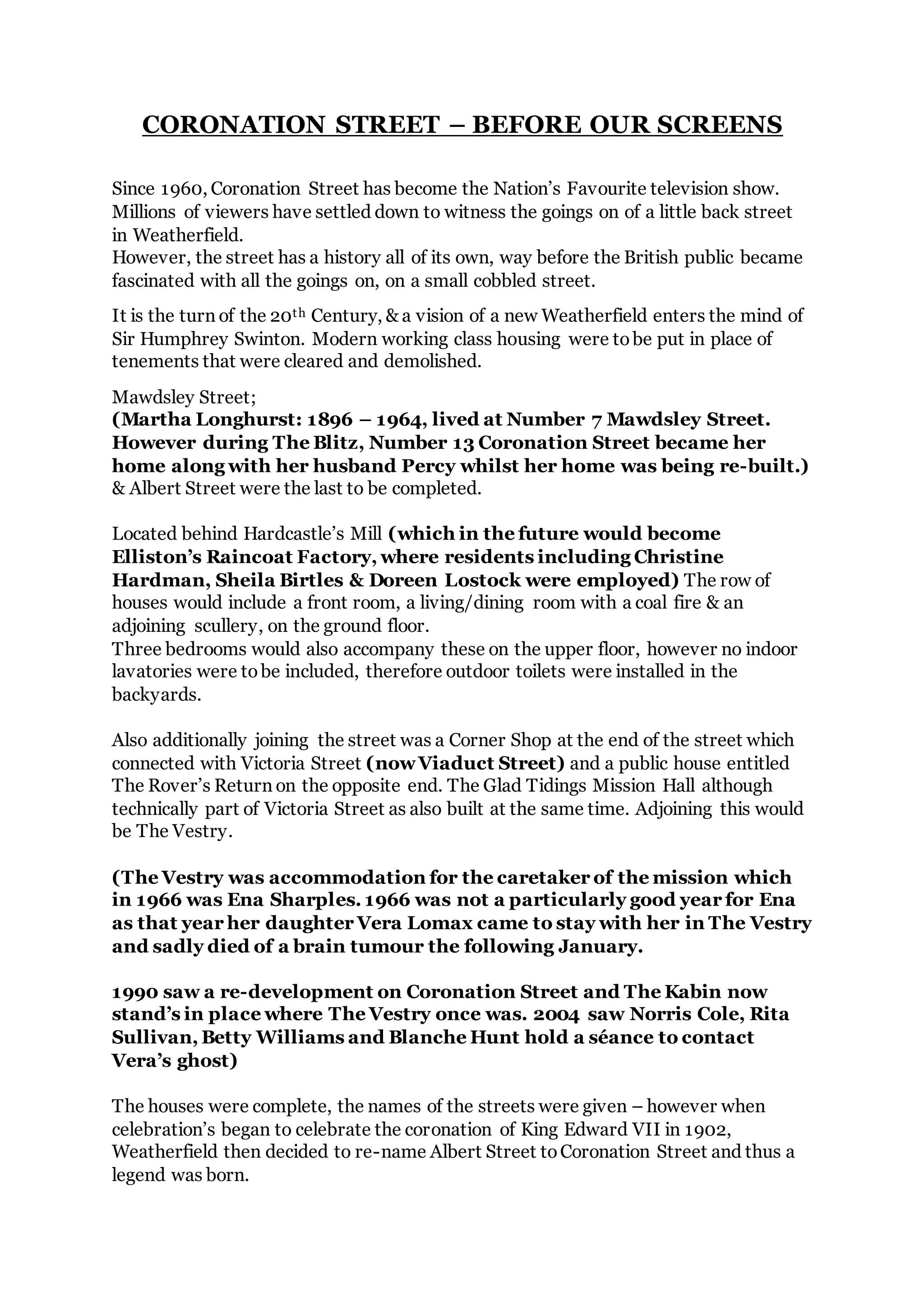 CORONATION STREET - BEFORE OUR SCREENS | DOCX