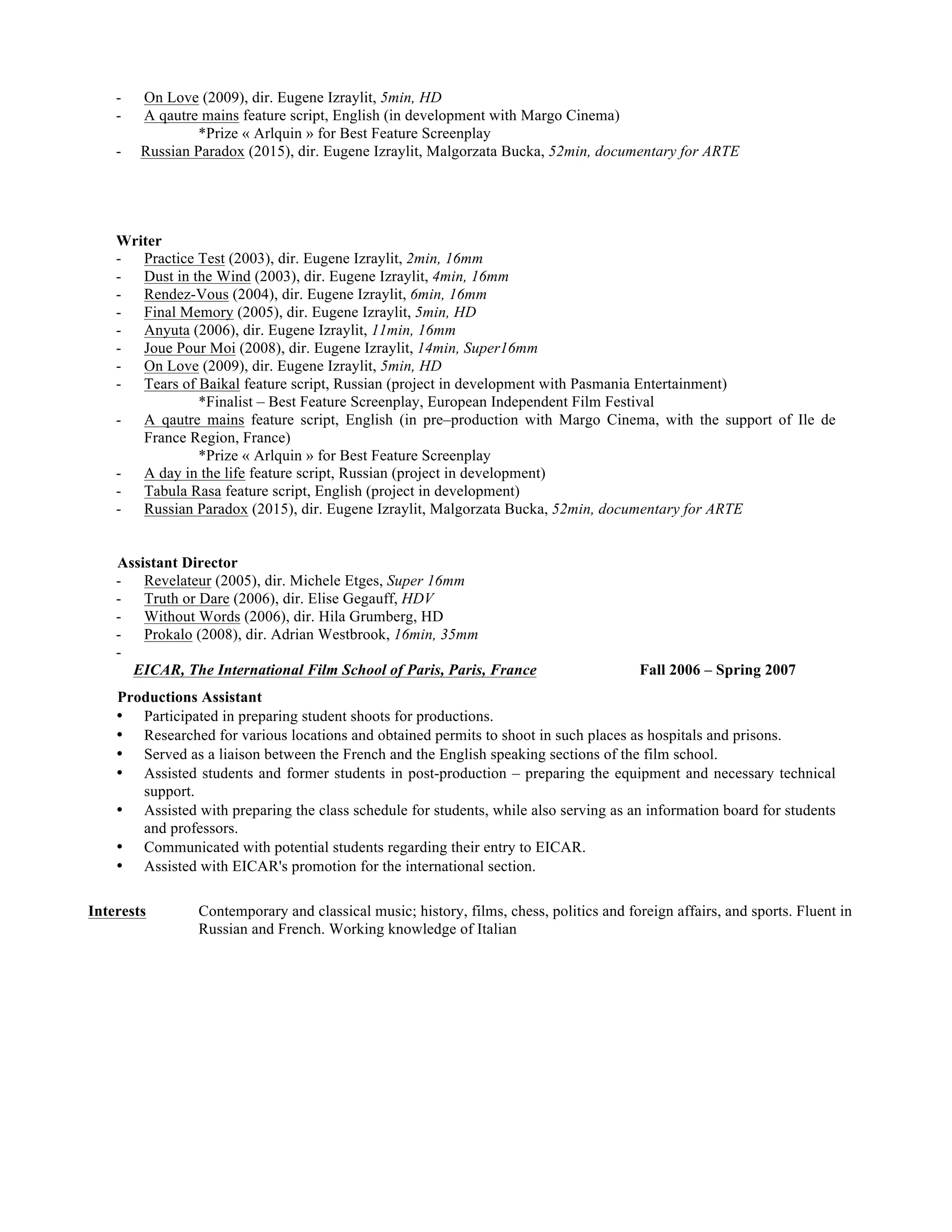 Eugene Izraylit CV film Eng2015 | PDF
