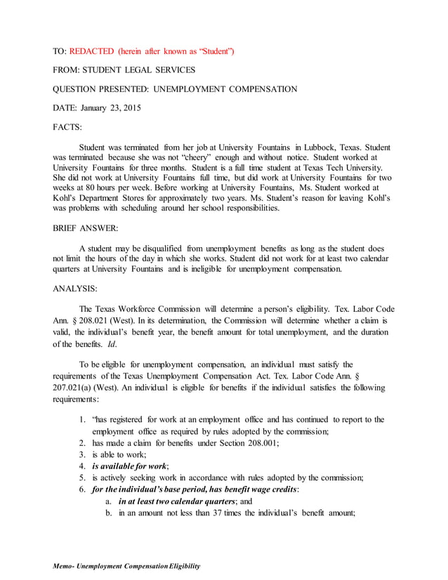 Writing Sample.Memo (Unemployment Compensation) | PDF