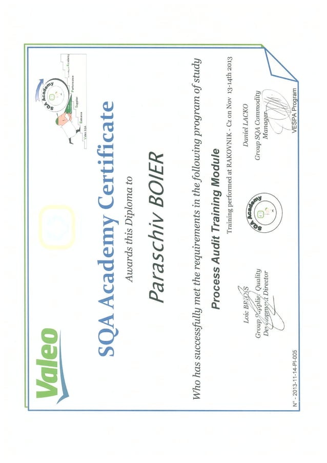 Valeo Process Auditor diploma | PDF