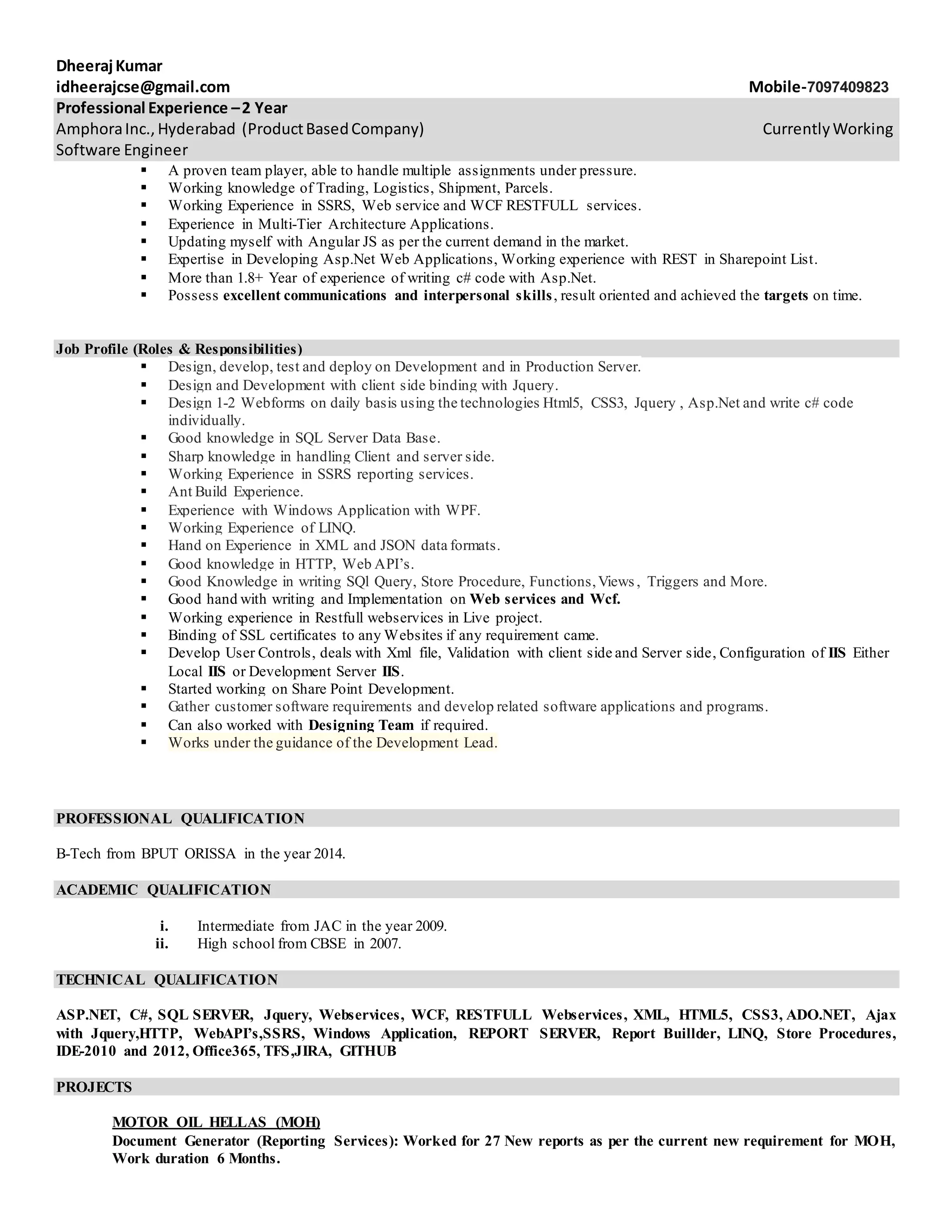 Dheeraj_2_Year_Exp_resume (1) (1) | PDF