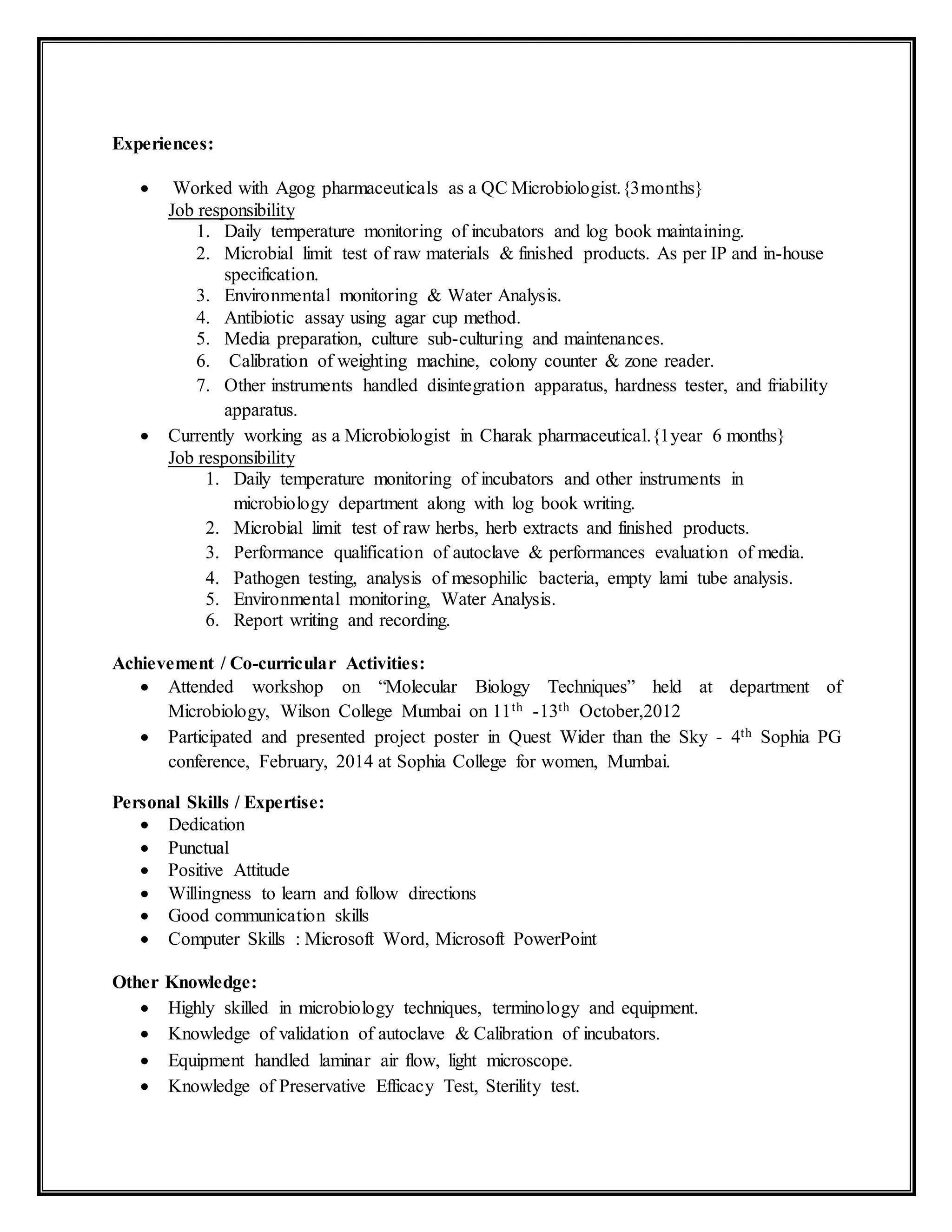 Resume for Microbiologist | DOCX