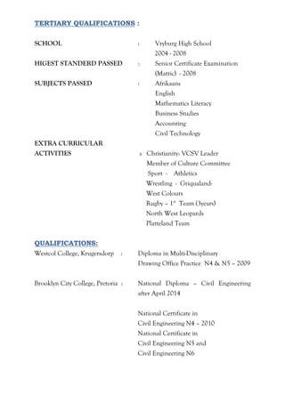 CURRICULUM_VITAE_JURGENS__FOURIE_2016 | PDF | Civil Engineering Industry | Industries