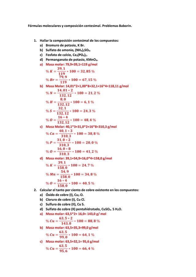 Formulas moleculares y_composicion_centesimal | PDF | Chemistry | Science