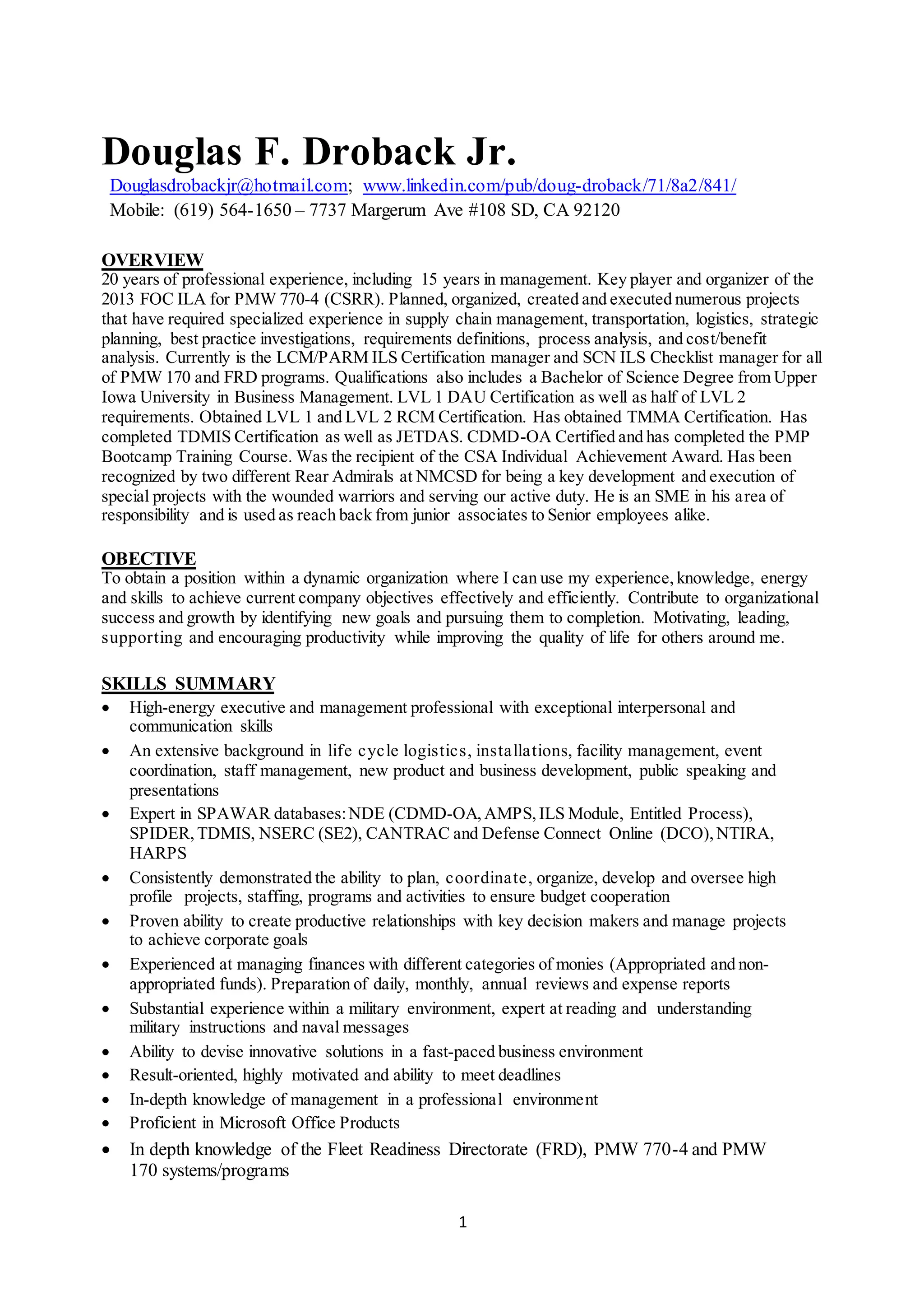 Doug Droback Resume 20160725 | DOCX