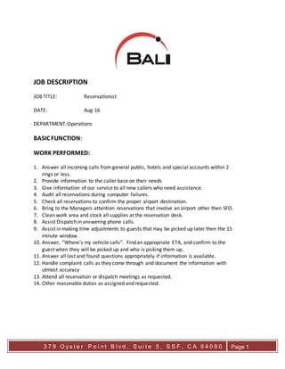 Job Description - Reservationist | DOCX