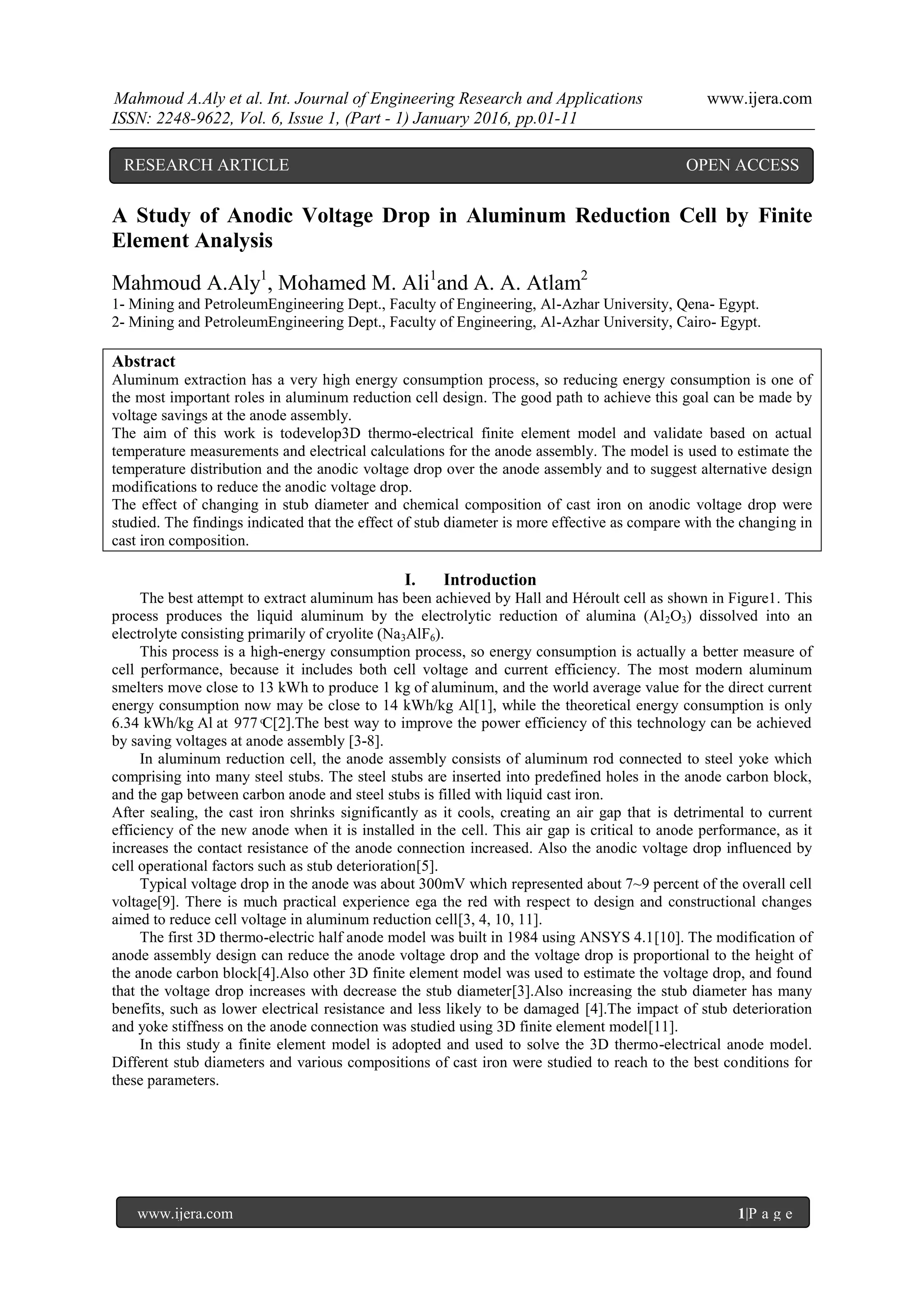 A Study of Anodic Voltage Drop in Aluminum Reduction Cell by Finite ...