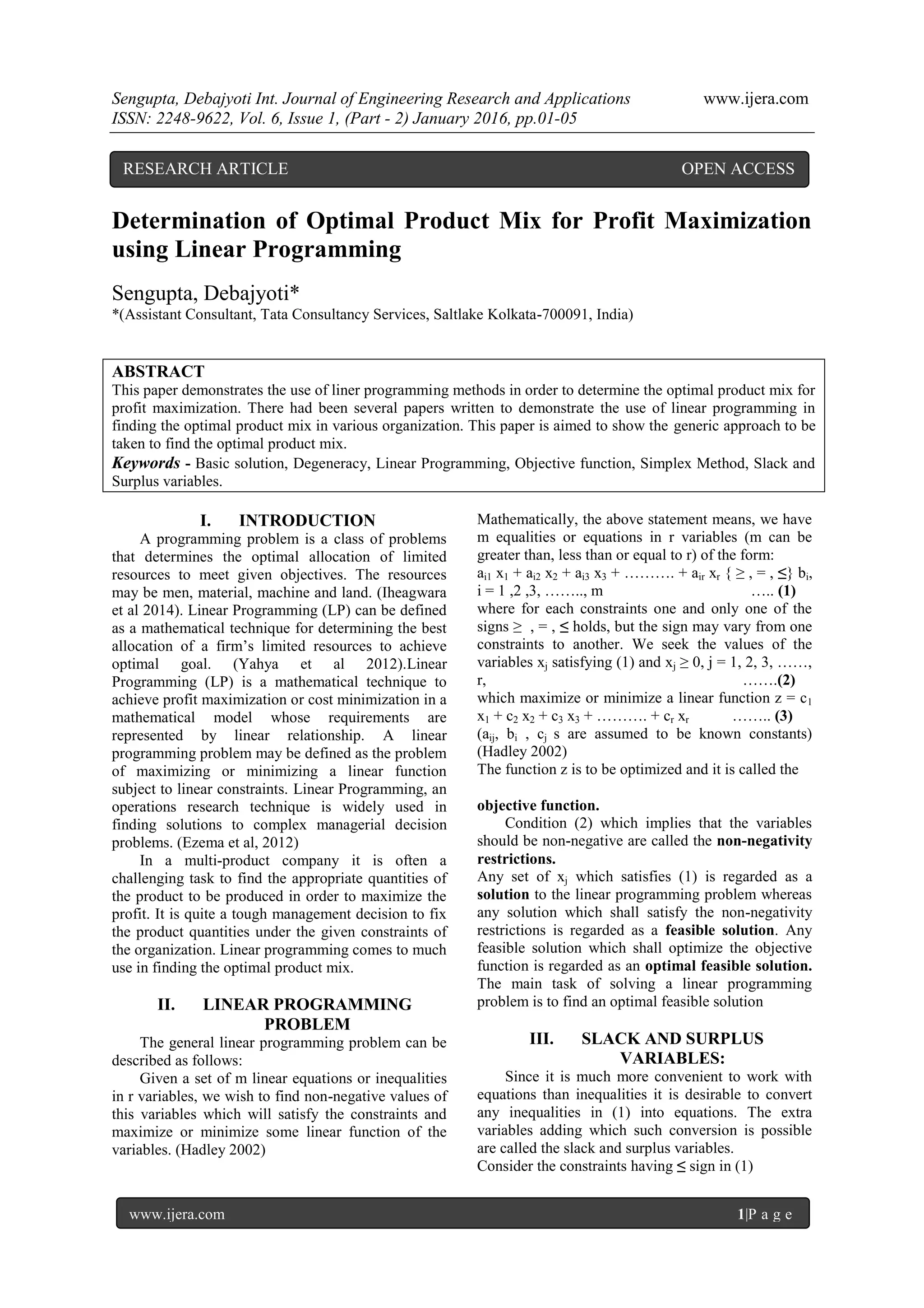 Determination of Optimal Product Mix for Profit Maximization using ...