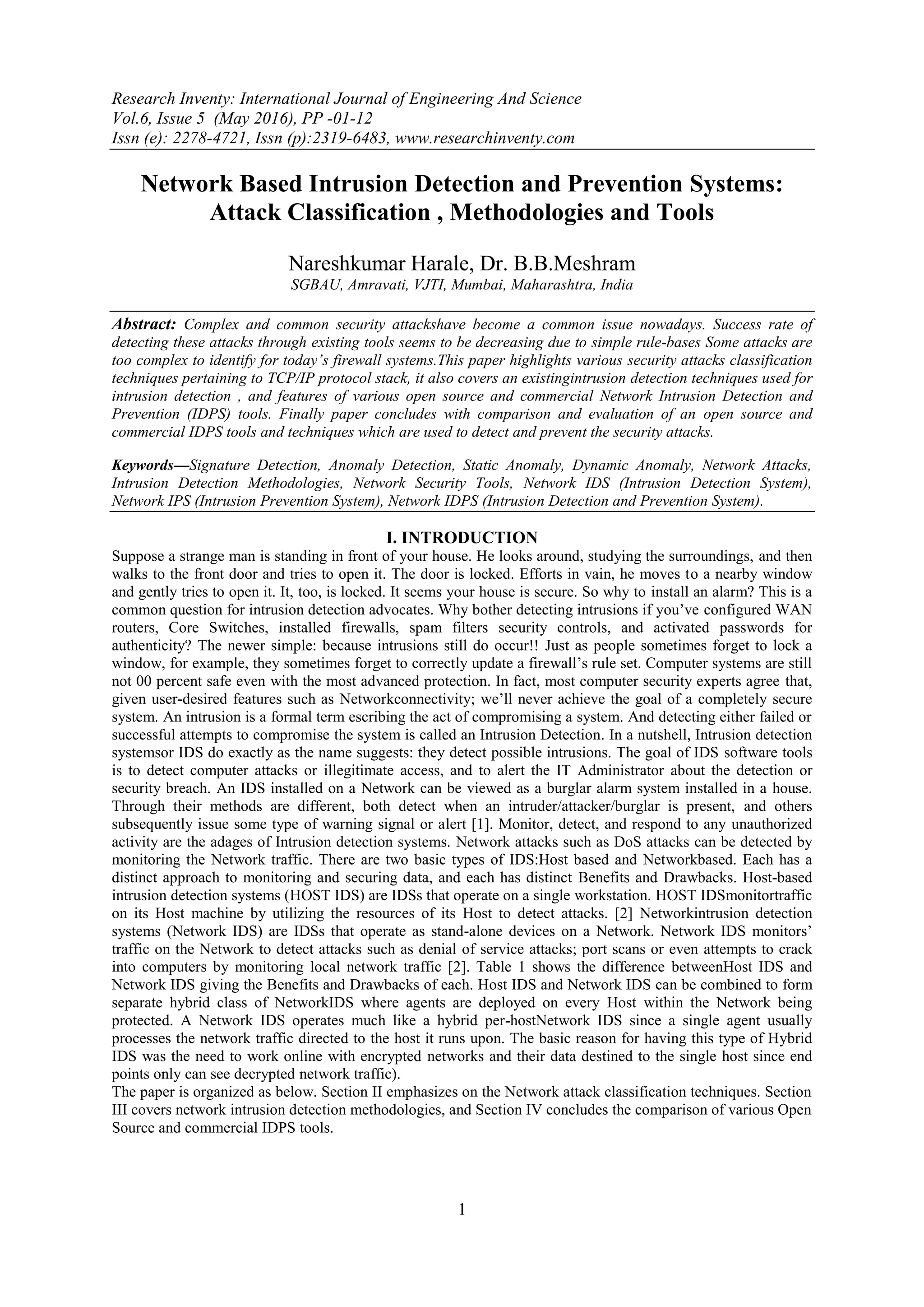Network Based Intrusion Detection And Prevention Systems Attack Classification Methodologies