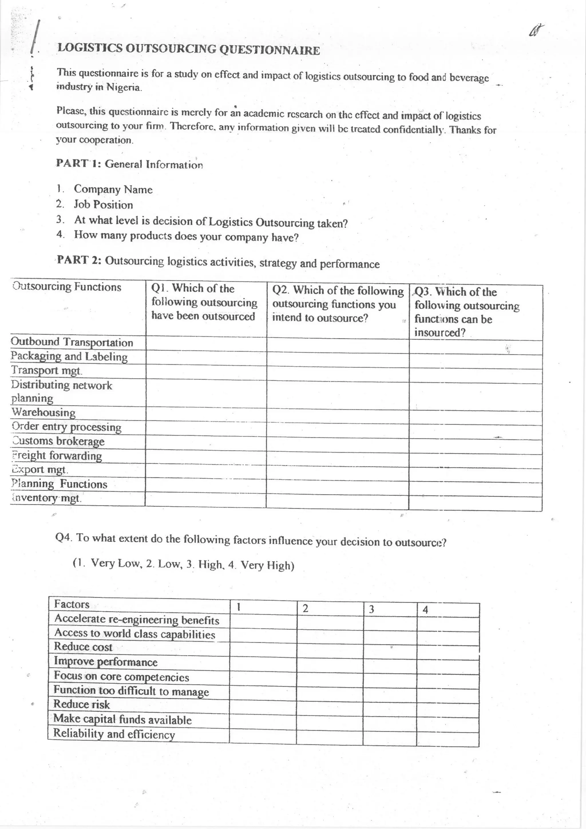 Logistics questioneiar | PDF