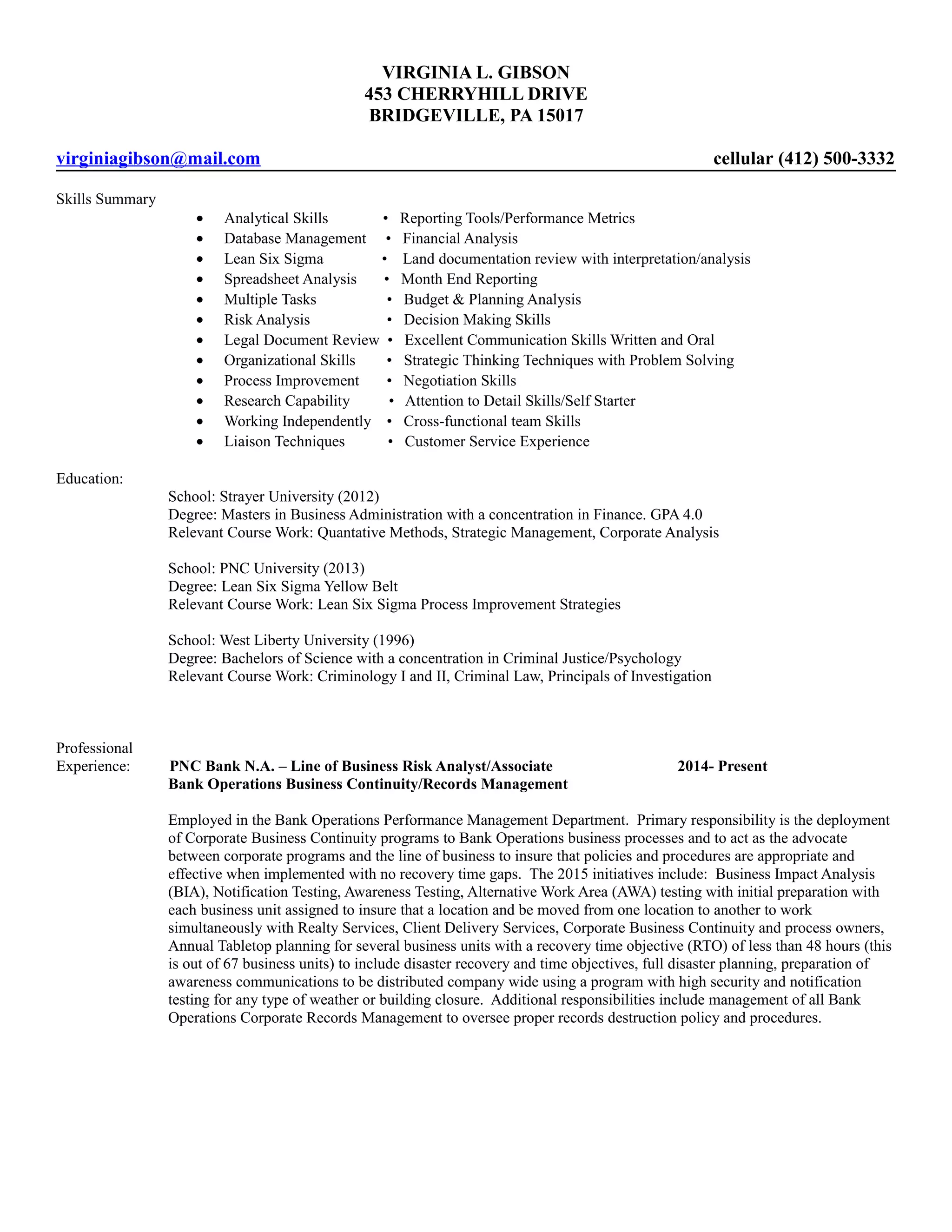 Virginia L. Gibson Resume 10.1.16