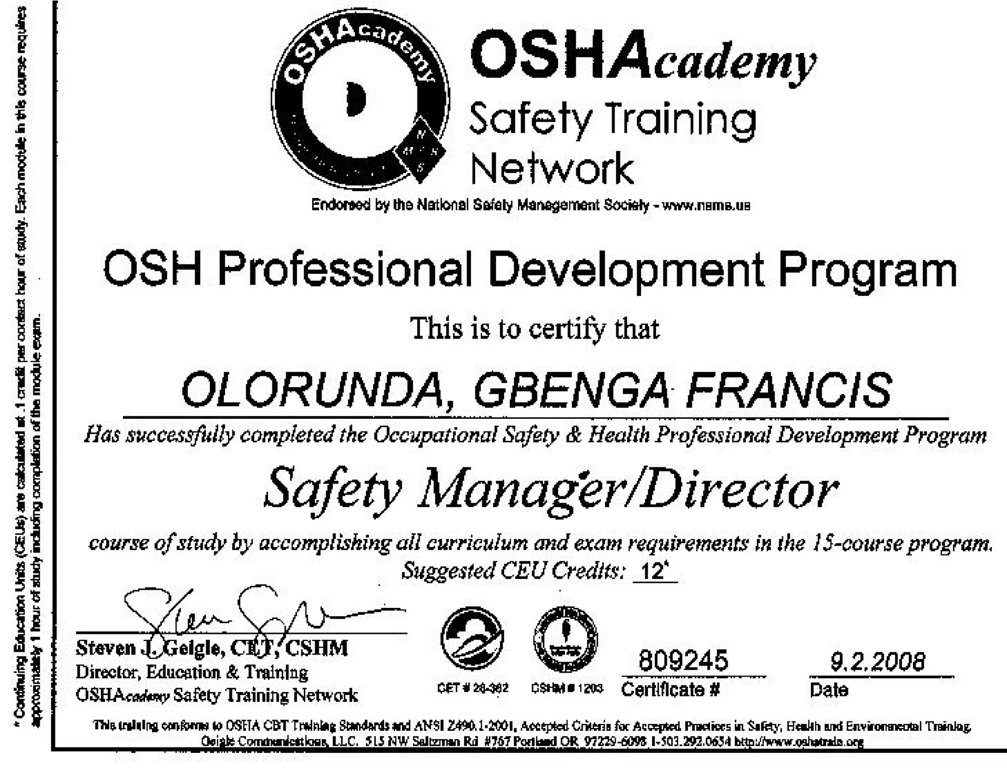 OSHA DIR. cert | PDF