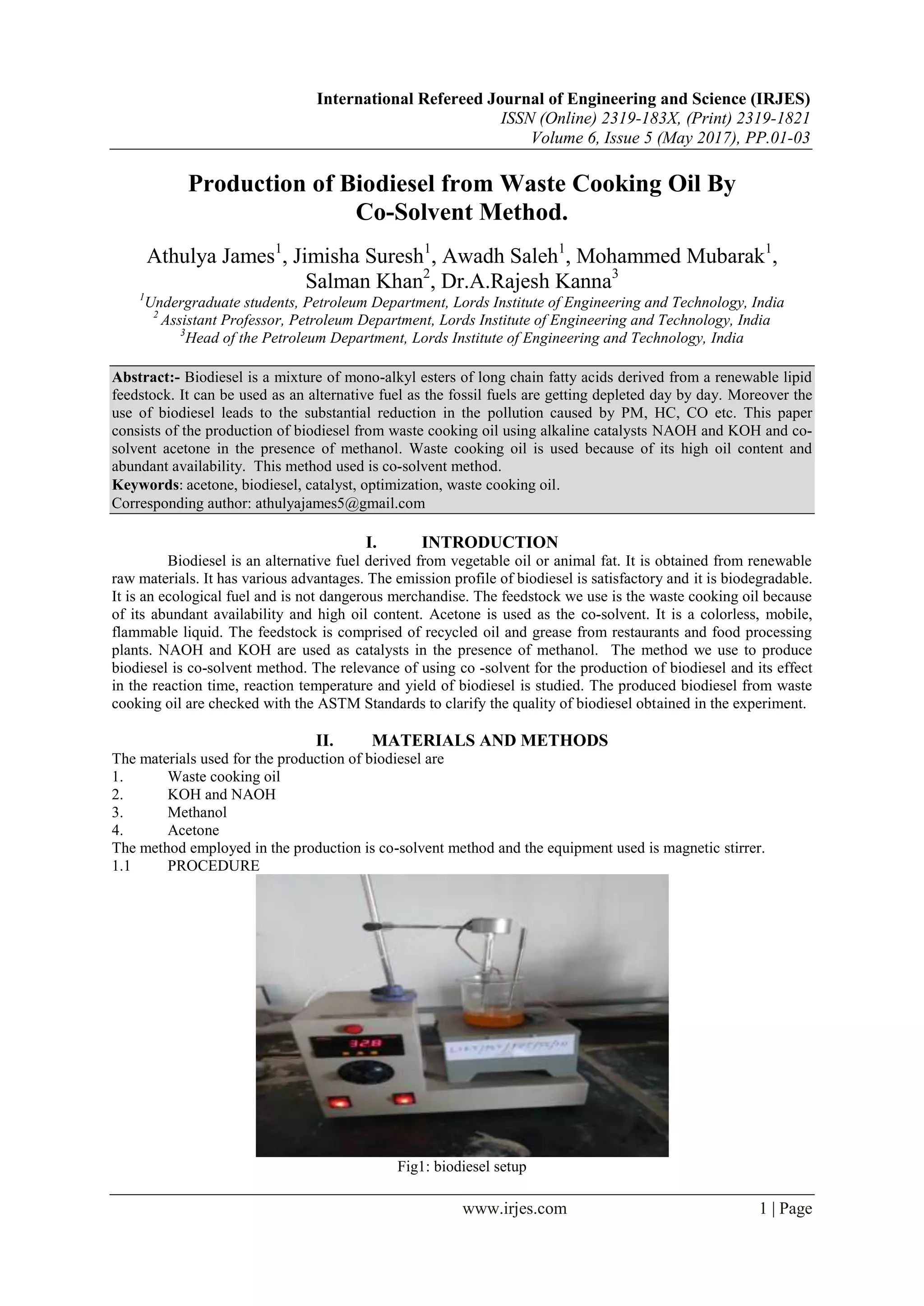 Production of Biodiesel from Waste Cooking Oil By Co-Solvent Method. | PDF