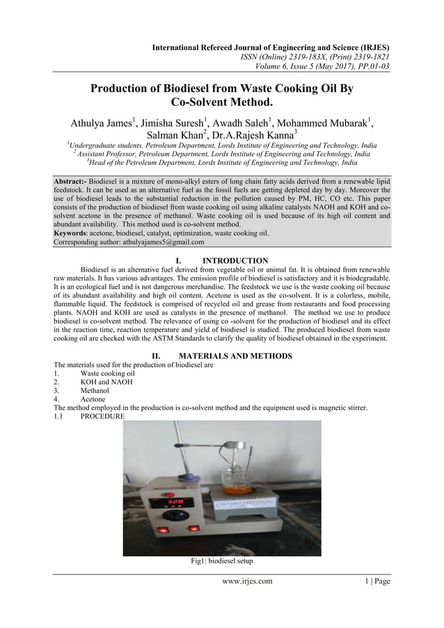 Production of Biodiesel from Waste Cooking Oil By Co-Solvent Method. | PDF